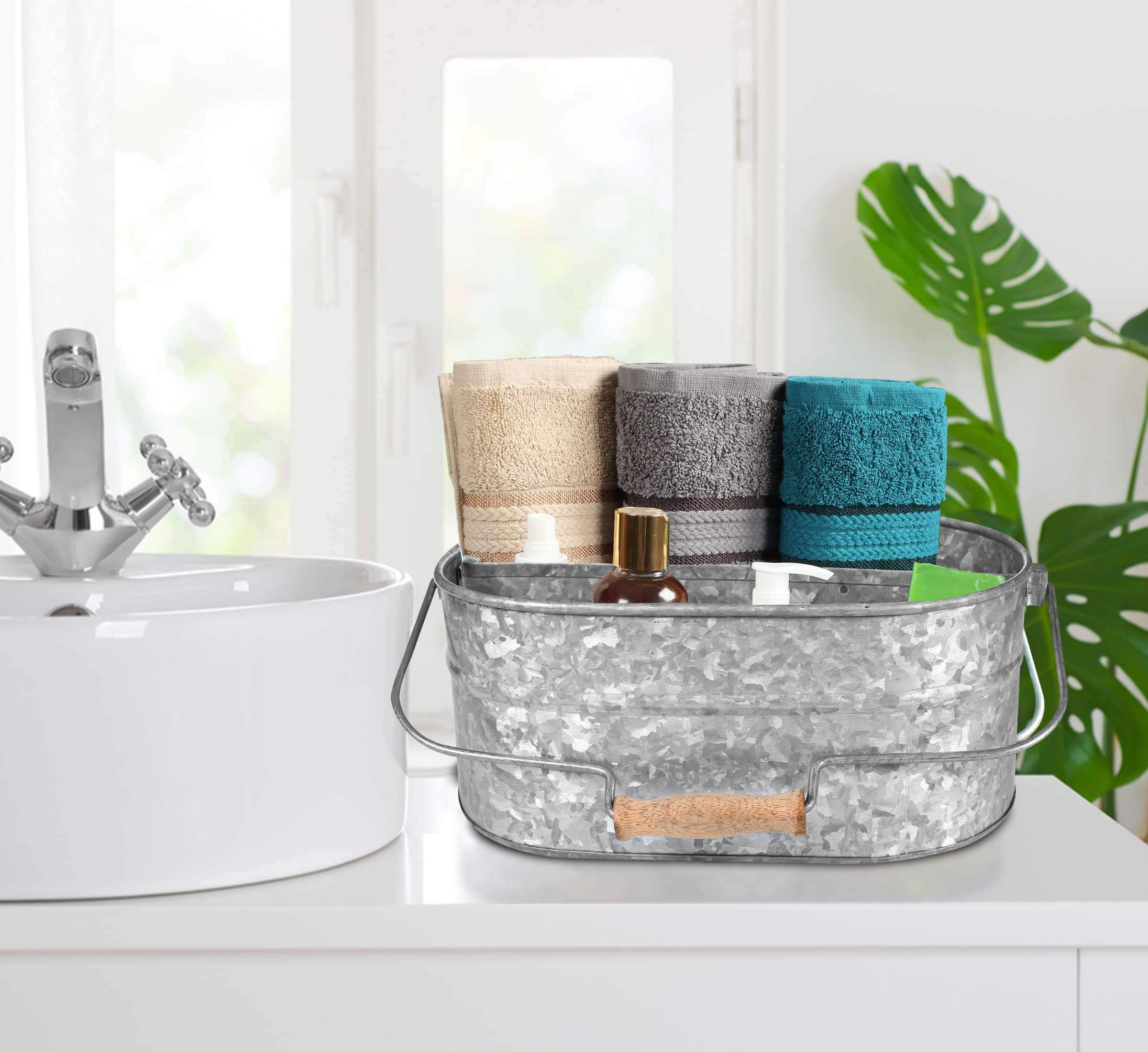 Light & Pro Multipurpose Galvanized Rustic Farmhouse Caddy - Metal 4 Compartment Storage Bin Caddy With Wooden Handle Perfect For Kitchen Utensils, Picnic, Garden Planter - Hammered - Antique Grey