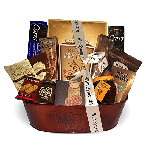 With Sincere Sympathy Condolence Gift Basket, Sympathy Baskets for Loss of a Loved One, Gourmet & Elegantly Arranged Funeral Basket, Dark Copper Bereavement Care Basket by Nikkiâs Gift Baskets