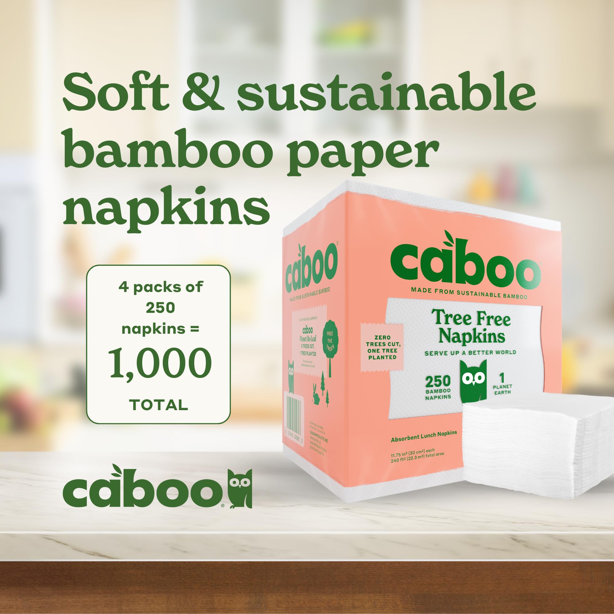 Caboo Tree Free Bamboo Paper Napkins, 4 Packs of 250, 1000 Total Napkins, Eco Friendly, Sustainable, and Disposable Kitchen Napkins