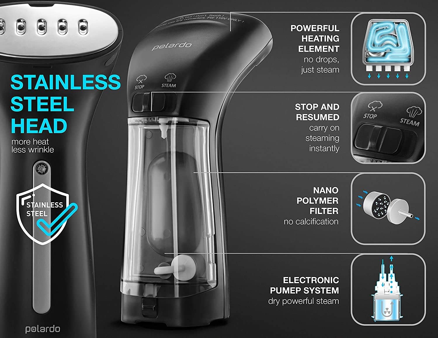 Steamer for Clothes, Hand Held Portable Travel Garment Steamer, Metal Steam Head, 25s Heat Up, Pump System, Mini Size, Handheld Steamer for Any Fabrics, No Water Spitting, 120V Black