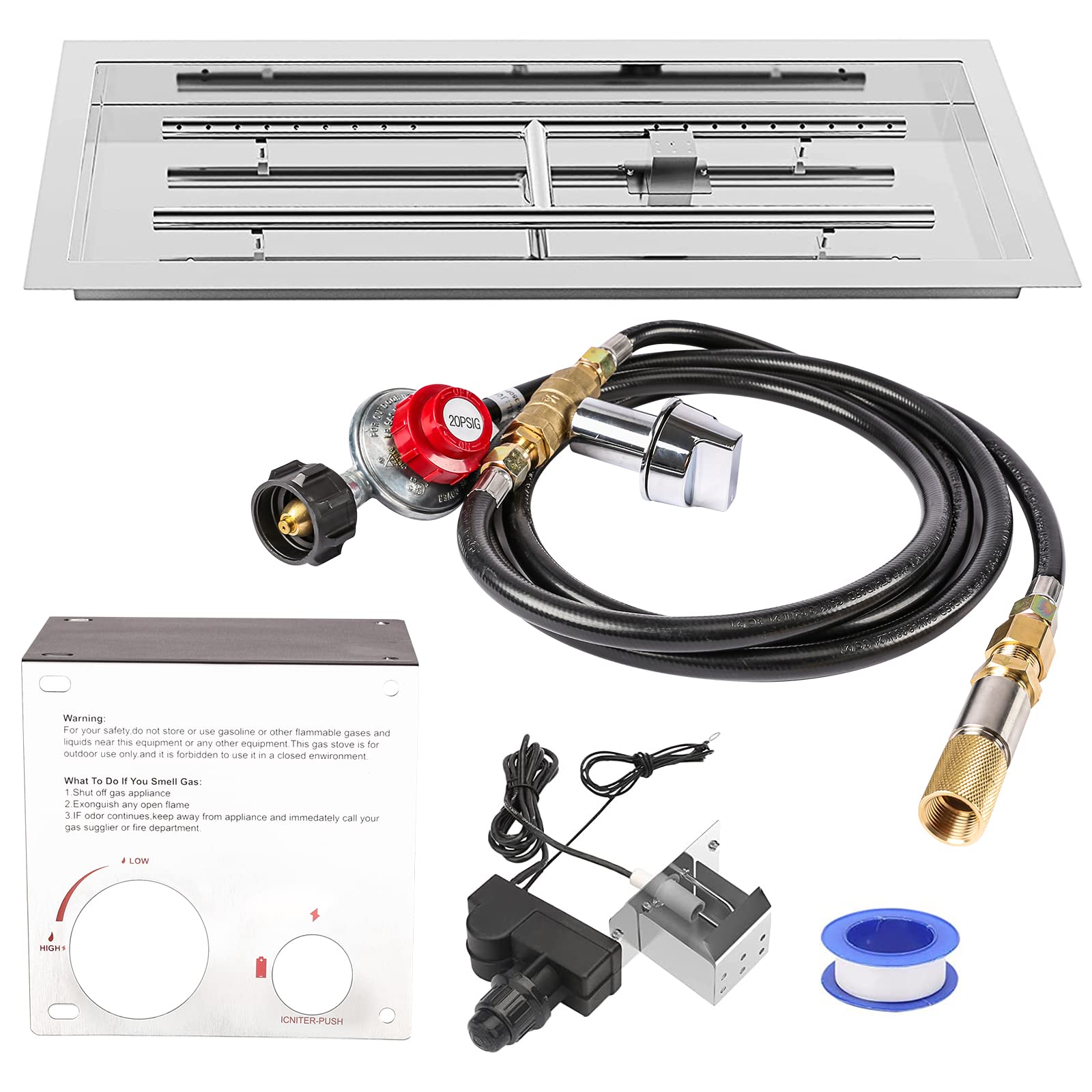 Uniflasy 36" by 12" Drop-in Fire Pit Pan Burner Kit, Stainless Steel Propane Rectangular Firepit Pan Insert with H-Burner, Spark Ignition Propane Hose Kit Fire Pit Table Insert for Indoor or Outdoor