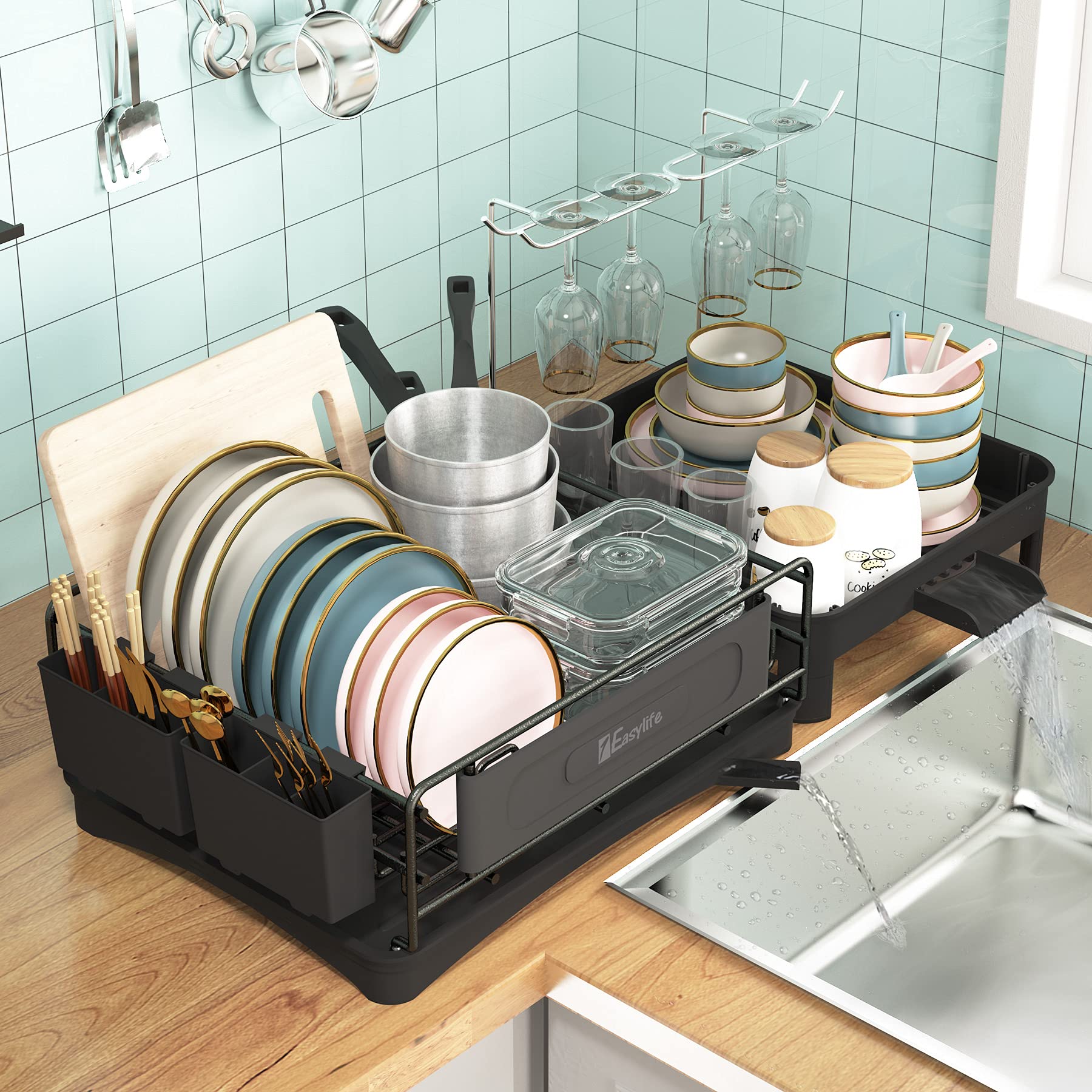 1Easylife Dish Drying Rack, 2 Pieces Large Dish Rack Drainboard Set for Kitchen Counter, Rustproof Dish Drainers with Drainboard, Adjustable Swivel Spout, Wineglass and Utensil Holder for Big Family