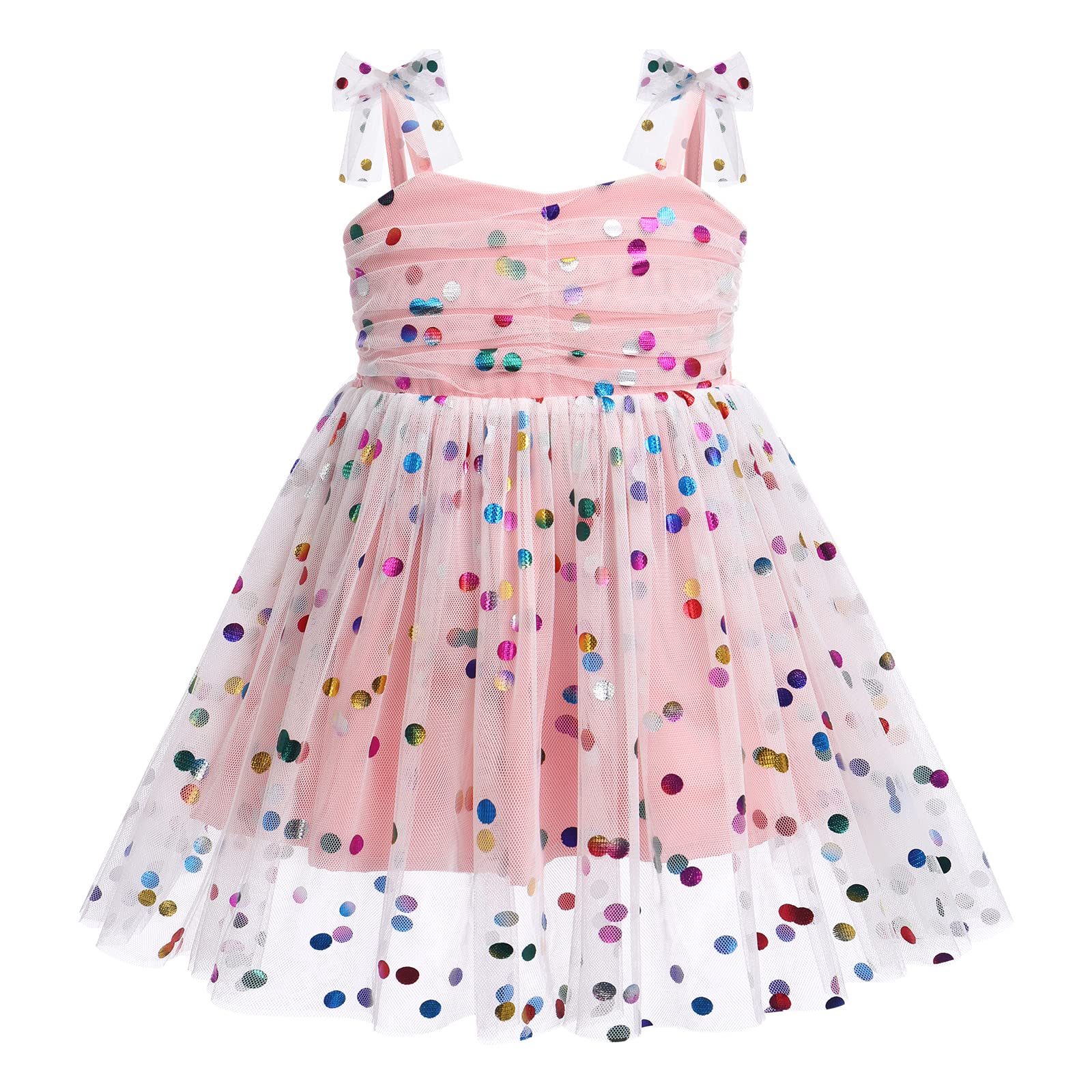 Baby Girls 1st Birthday Outfit Colorful Star Sequins Print Tulle Tutu Dress Sleeveless Spaghetti Straps Bowknot Decor Princess Party Cake Smash Clothes for Photo Shoot Pink Polka Dots 12-18 Months