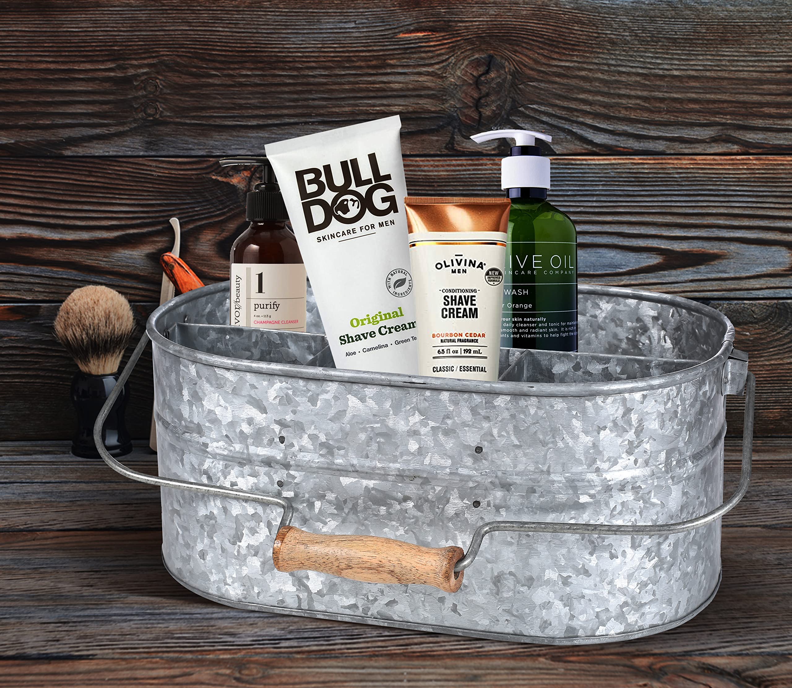 Light & Pro Multipurpose Galvanized Rustic Farmhouse Caddy - Metal 4 Compartment Storage Bin Caddy With Wooden Handle Perfect For Kitchen Utensils, Picnic, Garden Planter - Hammered - Antique Grey