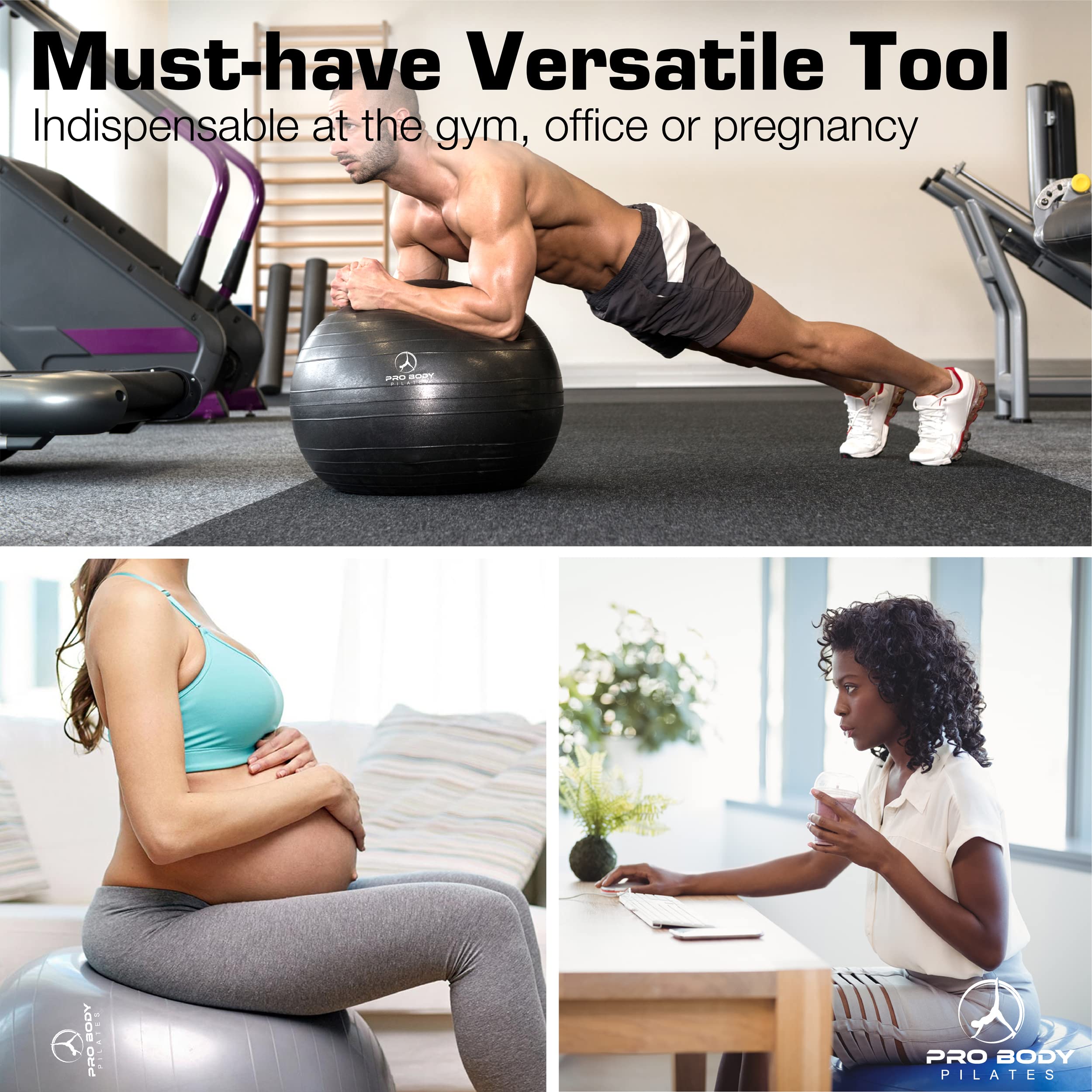 ProBody Pilates Yoga Ball Chair, Exercise Ball Chair with Base or Stand for Home Office Desk Sitting or Workout, 65cm Antiburst Balance Ball & Stability Ball Seat for Back, abs (Blue)
