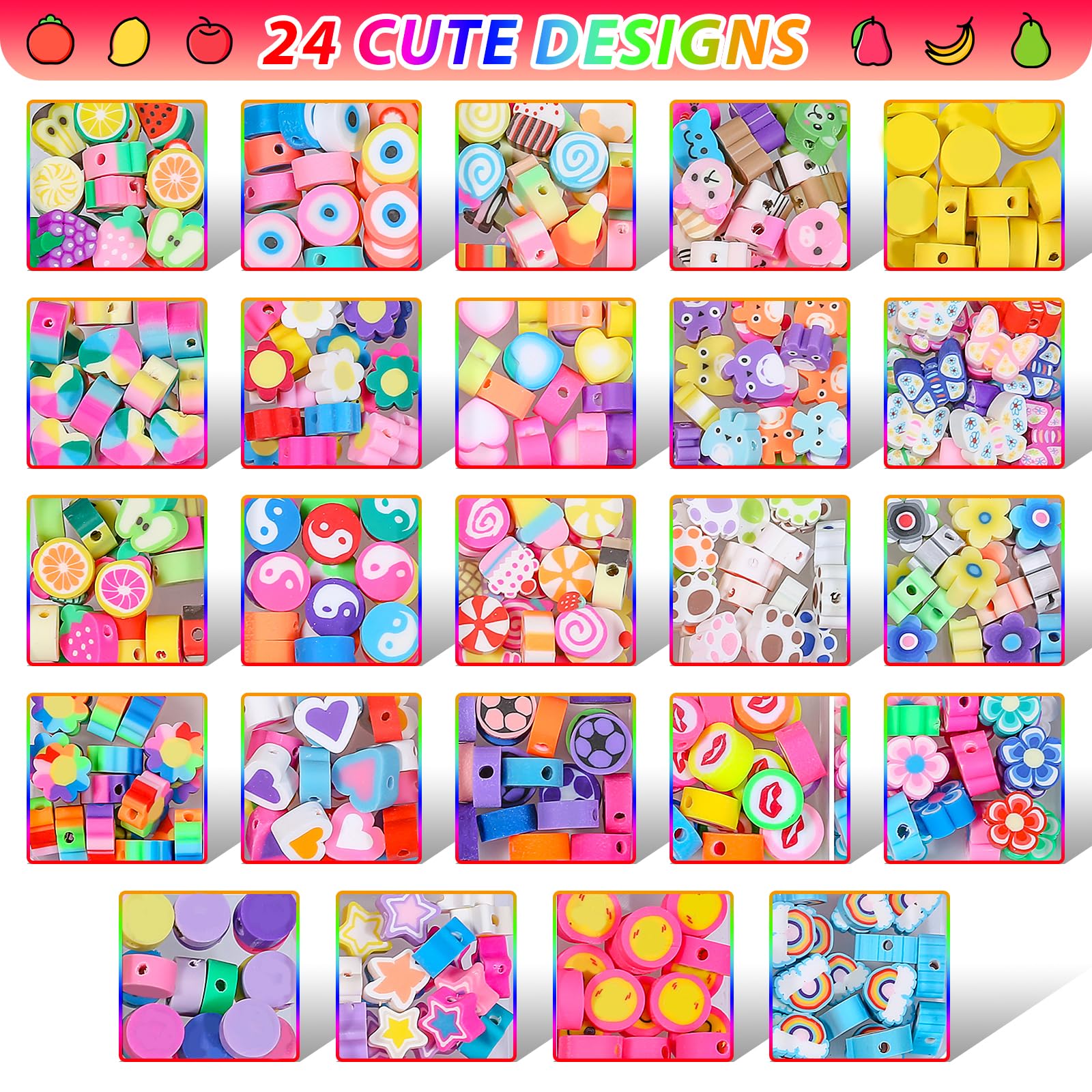 480 Pcs Fruit Flower Polymer Clay Beads, 24 Styles Trendy Cute Smiley Bead Charms for Bracelets Jewelry Necklace Earring Making with Elastic String