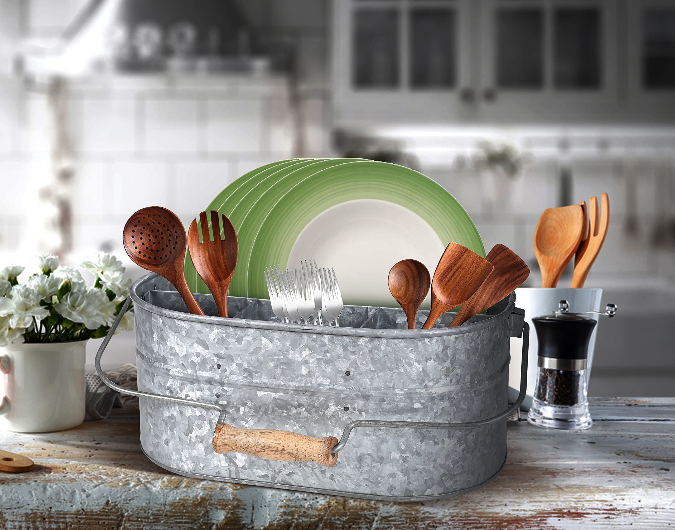 Light & Pro Multipurpose Galvanized Rustic Farmhouse Caddy - Metal 4 Compartment Storage Bin Caddy With Wooden Handle Perfect For Kitchen Utensils, Picnic, Garden Planter - Hammered - Antique Grey
