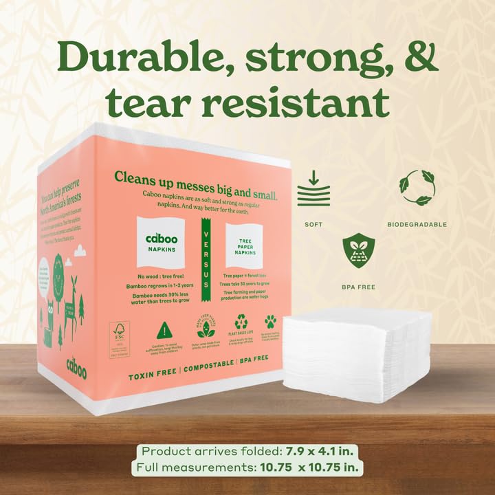 Caboo Tree Free Bamboo Paper Napkins, 4 Packs of 250, 1000 Total Napkins, Eco Friendly, Sustainable, and Disposable Kitchen Napkins