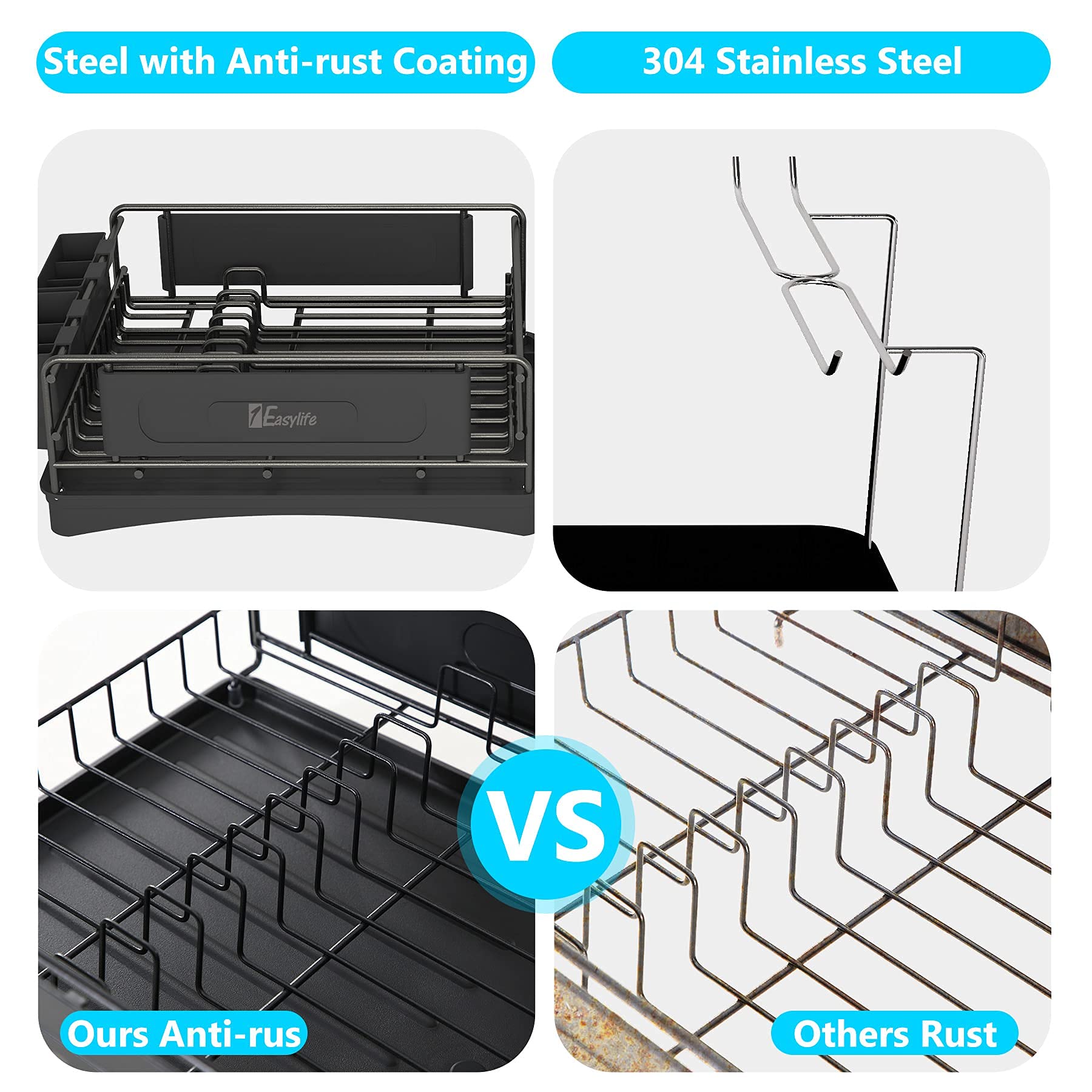 1Easylife Dish Drying Rack, 2 Pieces Large Dish Rack Drainboard Set for Kitchen Counter, Rustproof Dish Drainers with Drainboard, Adjustable Swivel Spout, Wineglass and Utensil Holder for Big Family