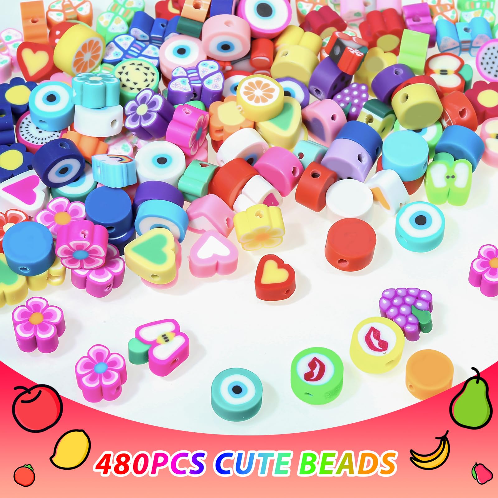 480 Pcs Fruit Flower Polymer Clay Beads, 24 Styles Trendy Cute Smiley Bead Charms for Bracelets Jewelry Necklace Earring Making with Elastic String