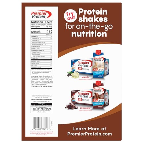 Post Premier Protein Chocolate Almond Cereal, Chocolatey Protein Cereal Flakes with Sliced Almonds, Contains 20g of Protein Per Serving, 30 OZ Box