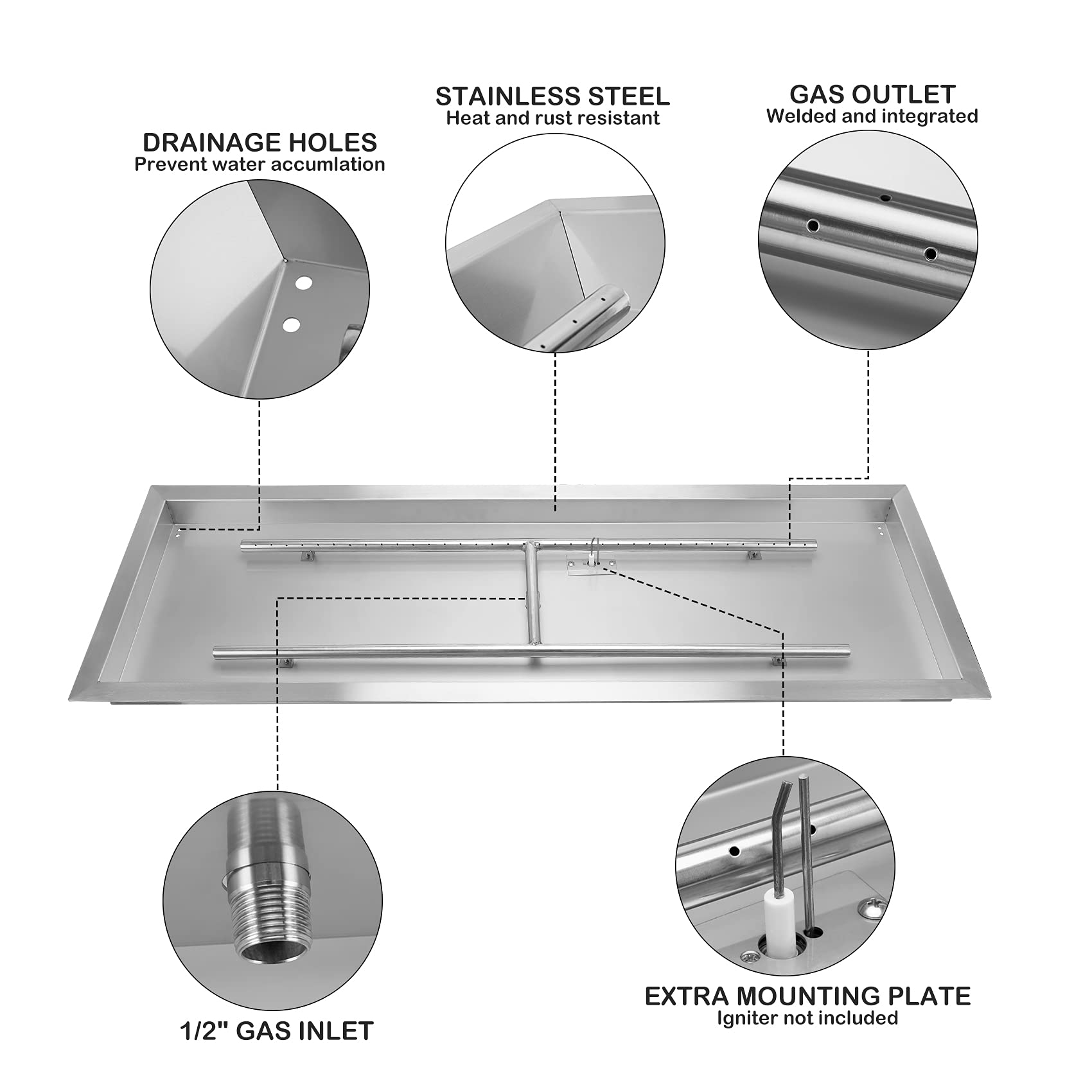 Stanbroil Rectangle 48 Inch Fire Pit H-Burner Pan, 304 Series SS DIY Propane & Gas Firepit for Patio, BTU 185,000 Max