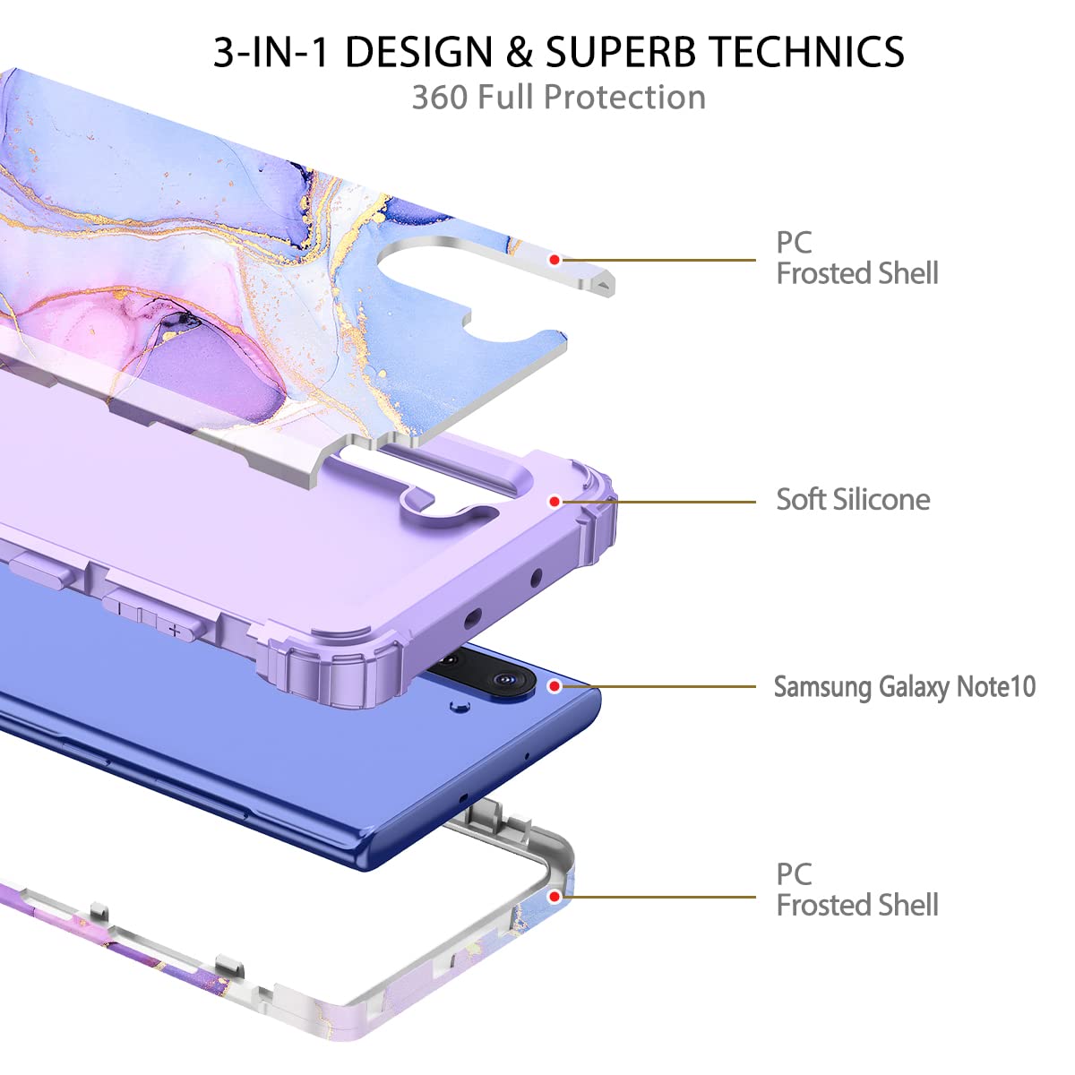 Hekodonk for Samsung Galaxy Note 10 Case,Heavy Duty Shockproof Protection Hard Plastic+Silicone Rubber Hybrid Protective Case for Samsung Galaxy Note 10,Amethyst Purple Marble