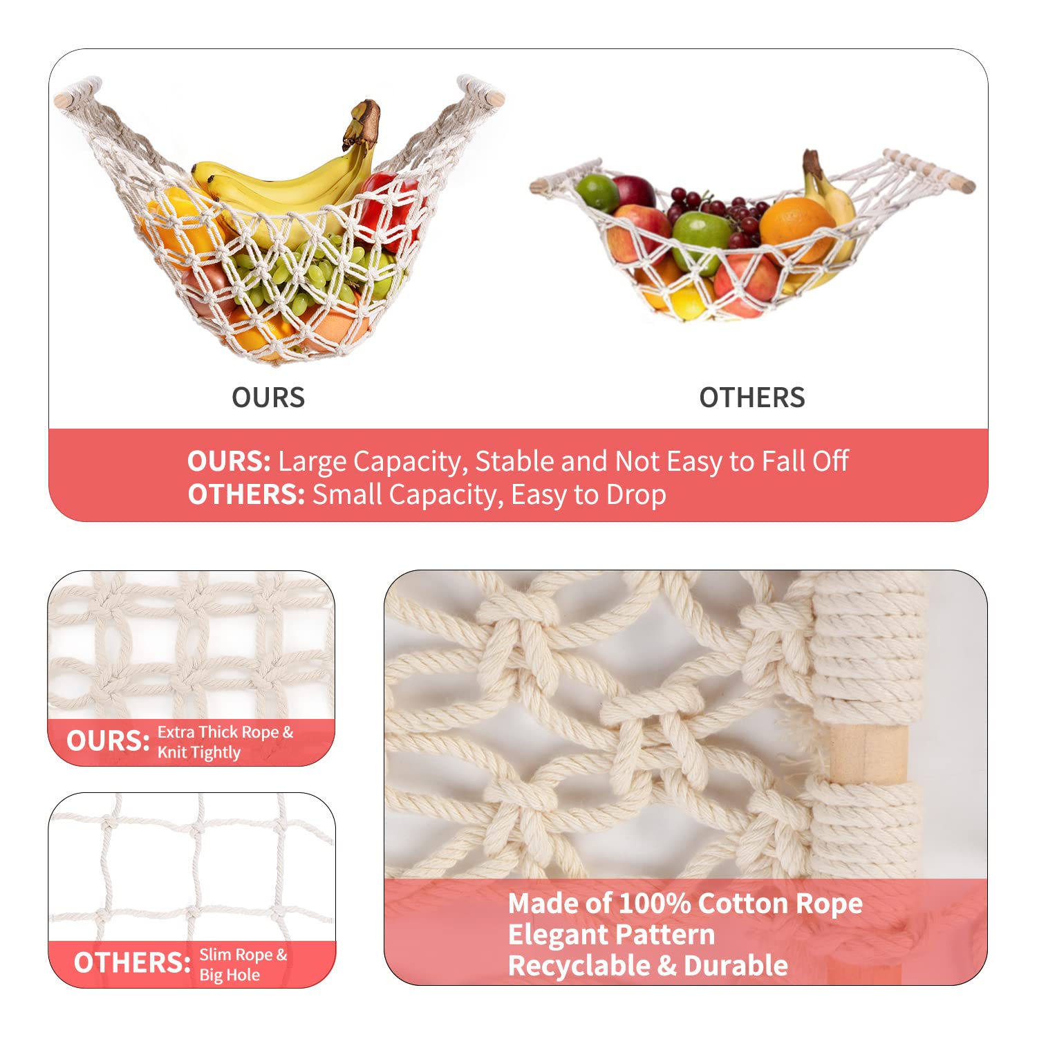 Fruit Hammock Under Cabinet Macrame Hanging Fruit Basket Veggie Banana Holder with Hooks Boho Decor for RV Camping Kitchen Organizers and Storage Christmas Housewarming Gifts