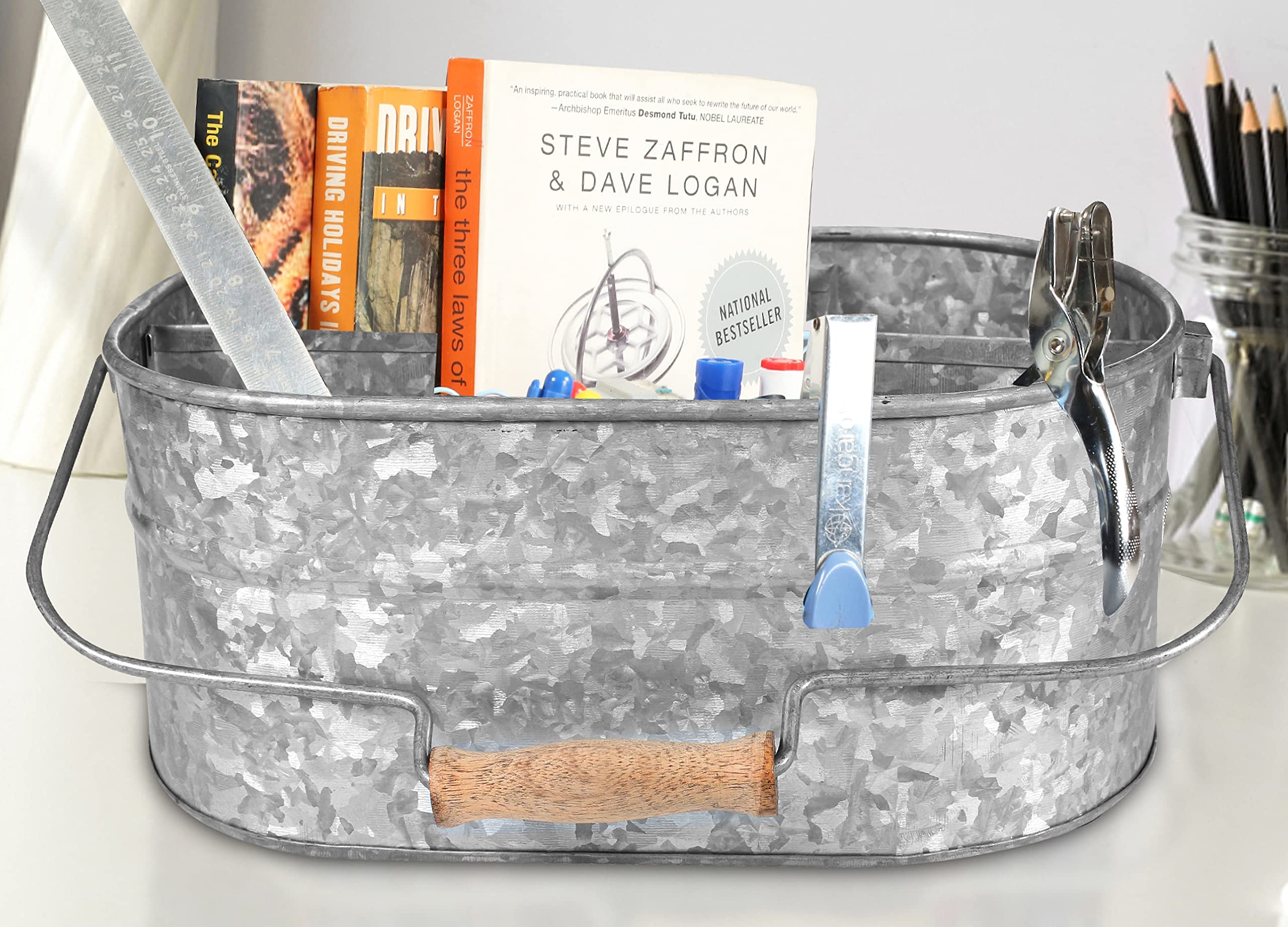 Light & Pro Multipurpose Galvanized Rustic Farmhouse Caddy - Metal 4 Compartment Storage Bin Caddy With Wooden Handle Perfect For Kitchen Utensils, Picnic, Garden Planter - Hammered - Antique Grey