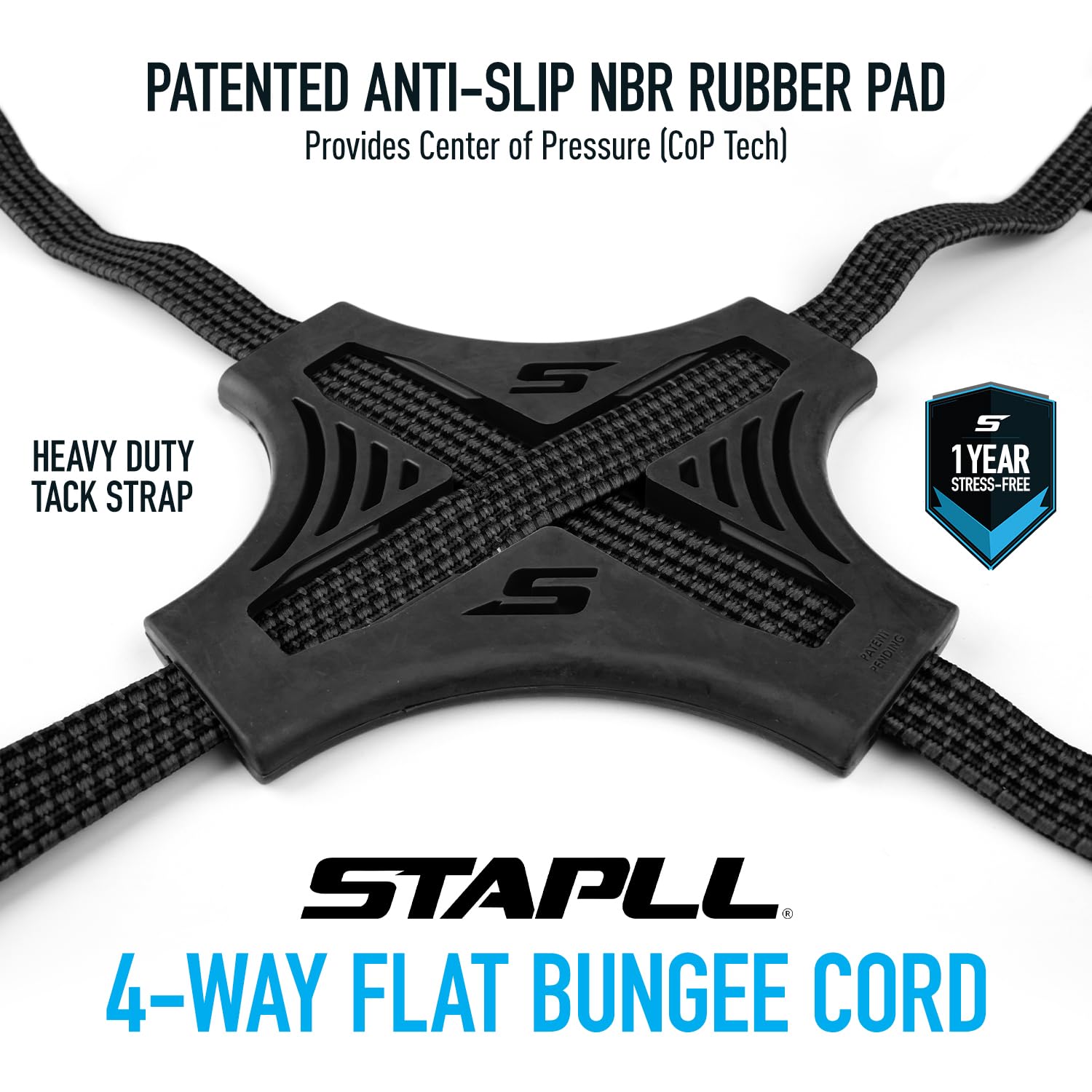 STAPLL Tack Strap – 4-Way Flat Bungee Cord with Rubber Pad Grip, Non-Slip Tie Down Straps for Motorcycle, ATV, Kayak, Cycling, Camping, Truck Storage, Adjustable Bungee Cords - 2 Pack (Orange)
