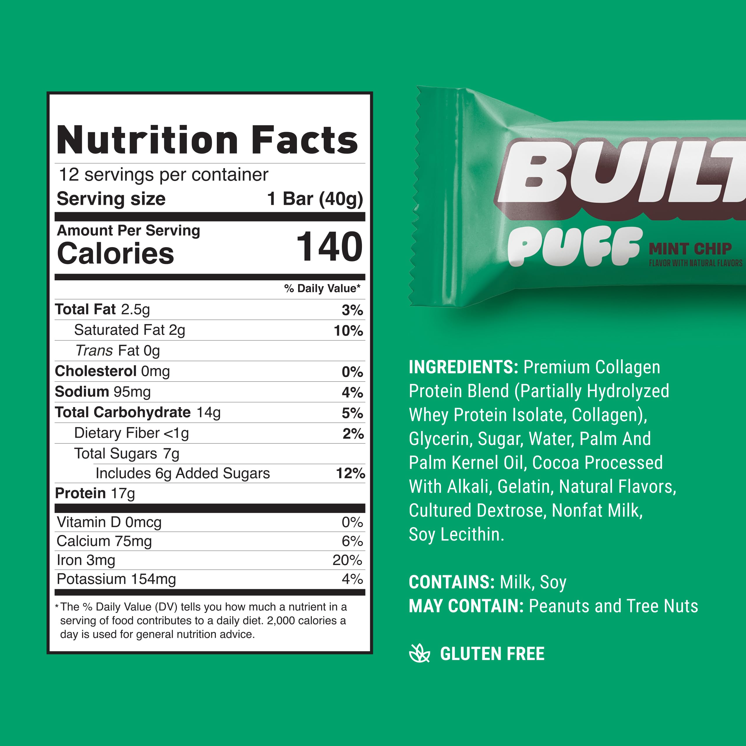 Built Bar, Puff Protein Bars, Mint Chip Puff, 17g Protein Snacks, On-The-Go Bars, Only 140 Calories, 6g Sugar, Collagen, Gluten Free, 12 Count