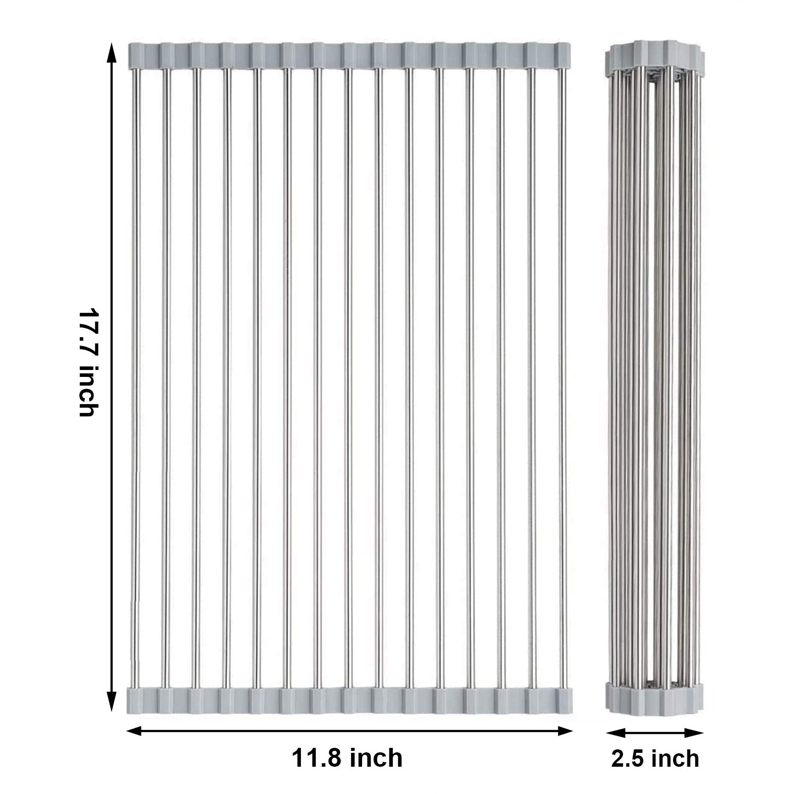 Searik Over The Sink Dish Drying Rack, Roll up Sink Dish Drainer Rack Multipurpose Foldable Kitchen Stainless Steel Dish Rack Sink Drying Rack (17.7” x 11.8”)
