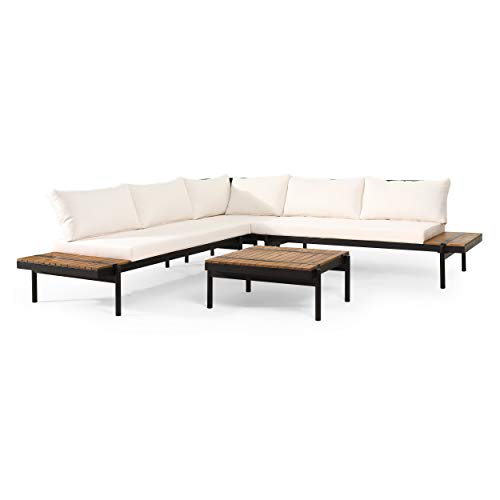 Christopher Knight Home Theo Outdoor Conversation Sets, Cream + Black Metal + Teak
