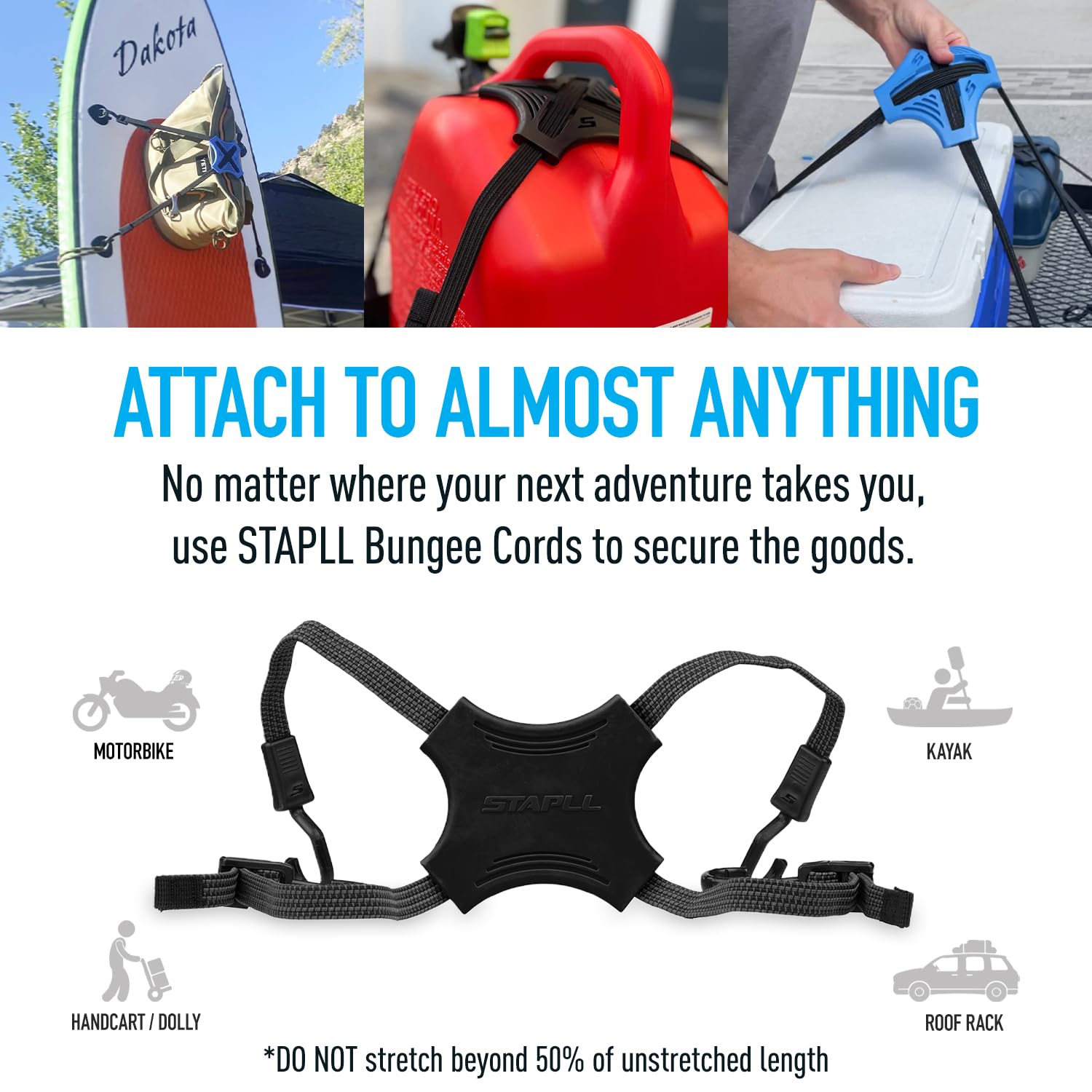 STAPLL Tack Strap – 4-Way Flat Bungee Cord with Rubber Pad Grip, Non-Slip Tie Down Straps for Motorcycle, ATV, Kayak, Cycling, Camping, Truck Storage, Adjustable Bungee Cords - 2 Pack (Orange)