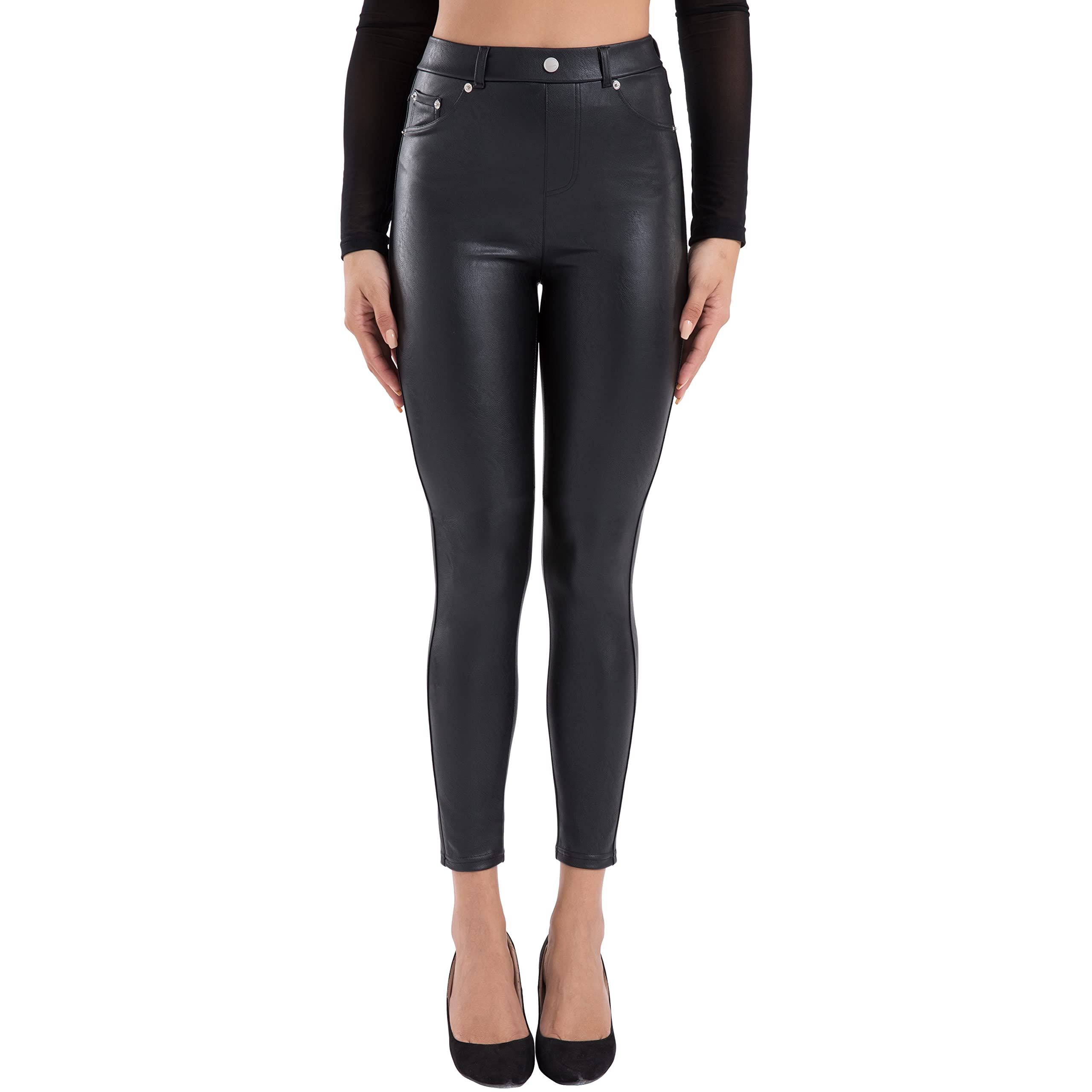 Tagoo Faux Leather Leggings for Women High Waisted Pleather Pants Black Stretch Tights with Pockets