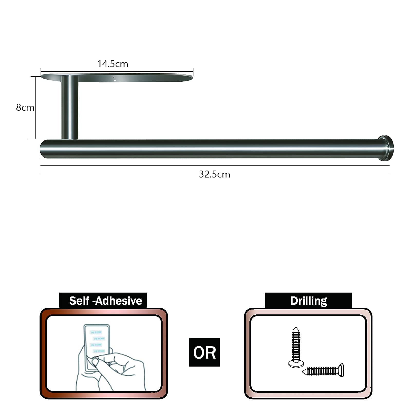 Paper Towel Holder Under Cabinet, 2 pcs Kitchen Wall Mount Stainless Steel Roll Paper Towel Rack