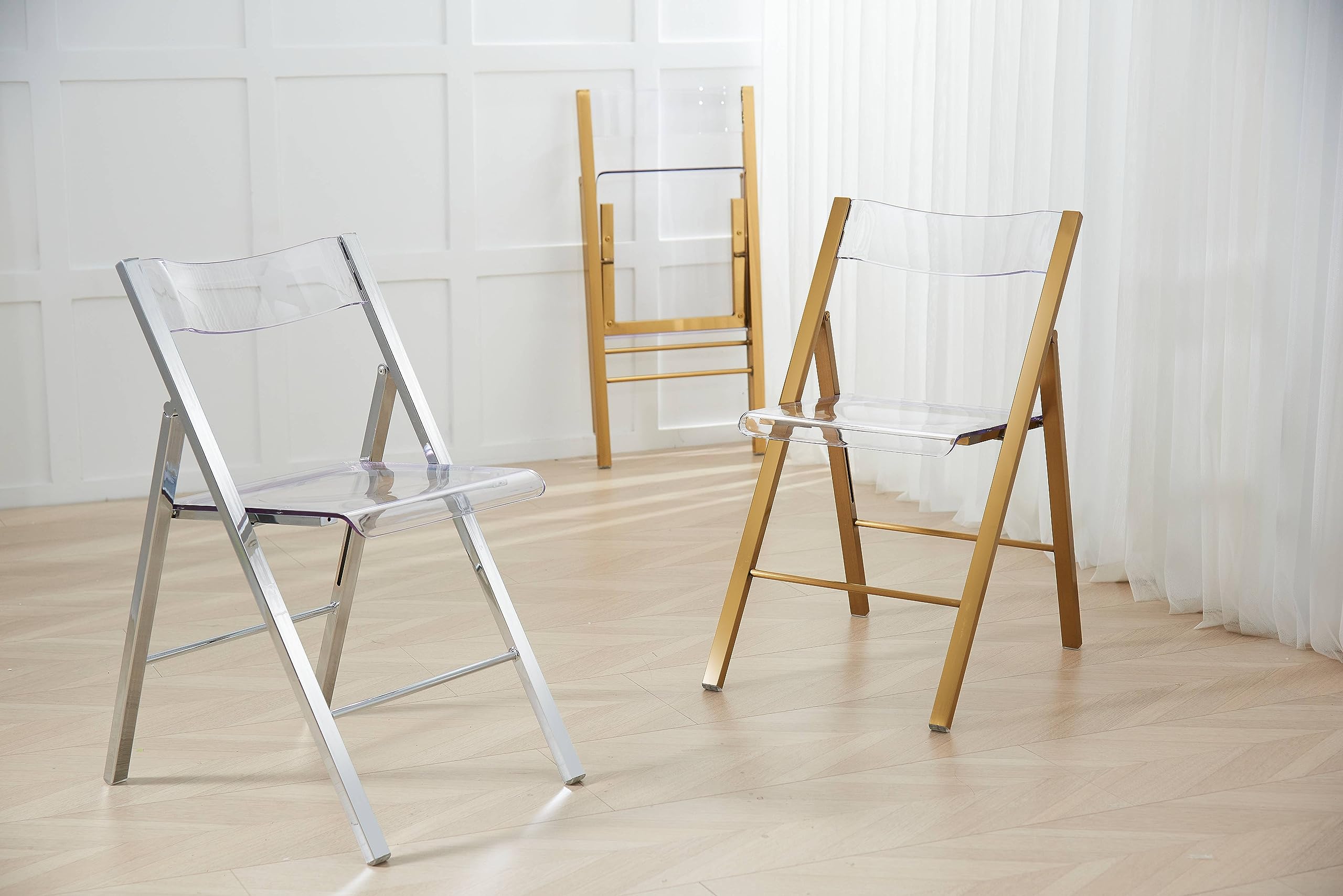 LeisureMod Transparent Acrylic Folding Chair, Lightweight Iron Chrome Base Comfortable Clear Desk Chair, No Assembly Needed (Set of 2) in Brushed Gold