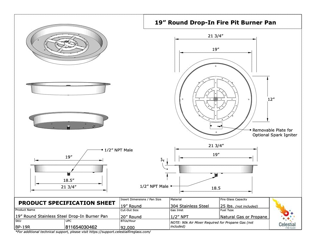 Celestial 19" Round Drop-in Fire Pit Pan w/ 12" Burner, Stainless Steel, 92,000 BTU, Natural Gas or Propane, for Easy Installation in DIY Outdoor Gas Fire Pits