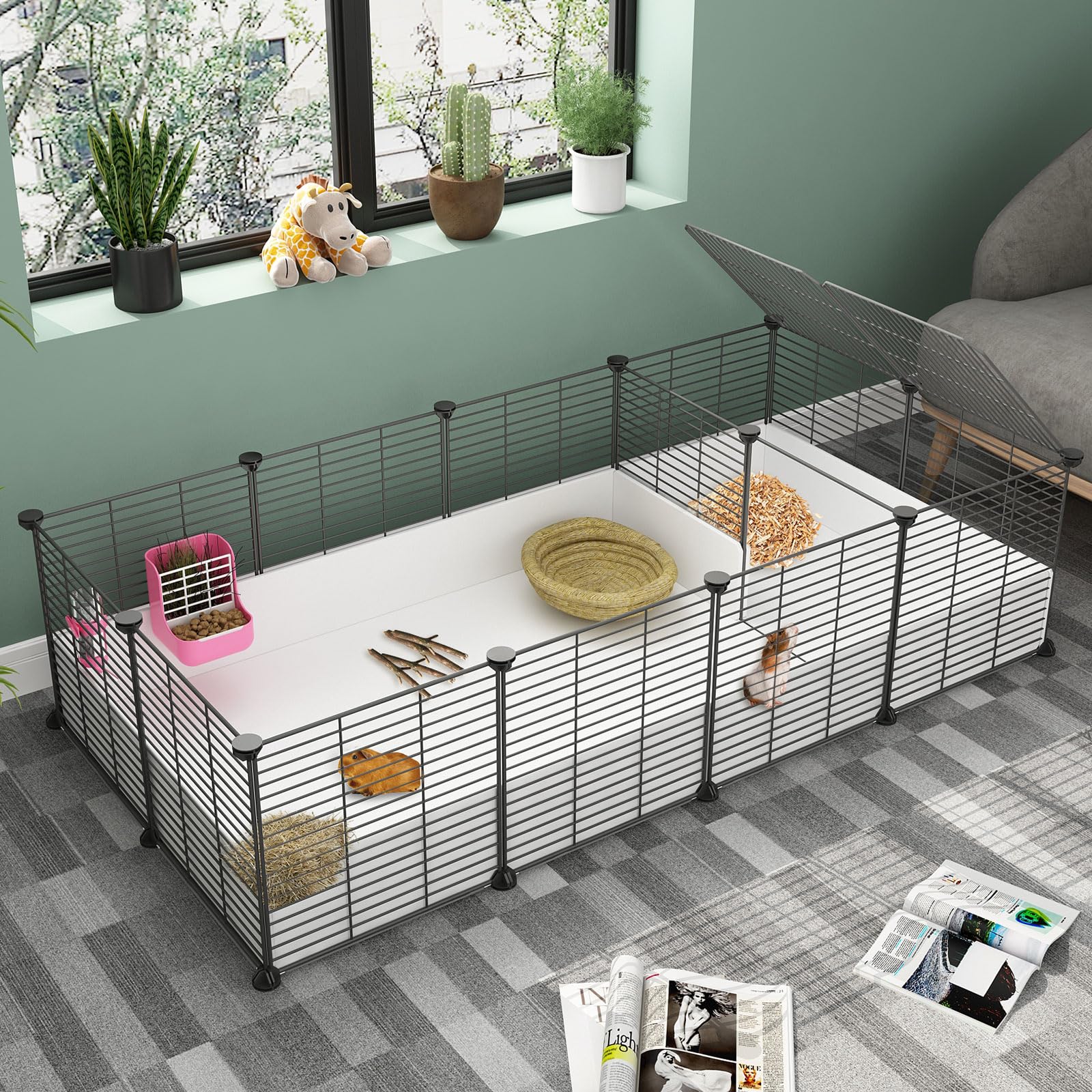 Guinea Pig Cage,Indoor Habitat Cage with Waterproof Plastic Bottom,Playpen for Small Pet Bunny, Turtle, Hamster