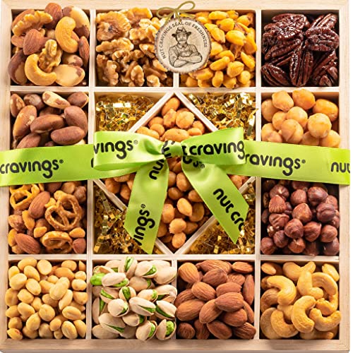 Mixed Nuts Gift Basket in Reusable Wooden Tray + Green Ribbon (13 Assortments) Purim Mishloach Manot Gourmet Food Bouquet Arrangement Platter, Birthday Care Package, Healthy Kosher Snack Box