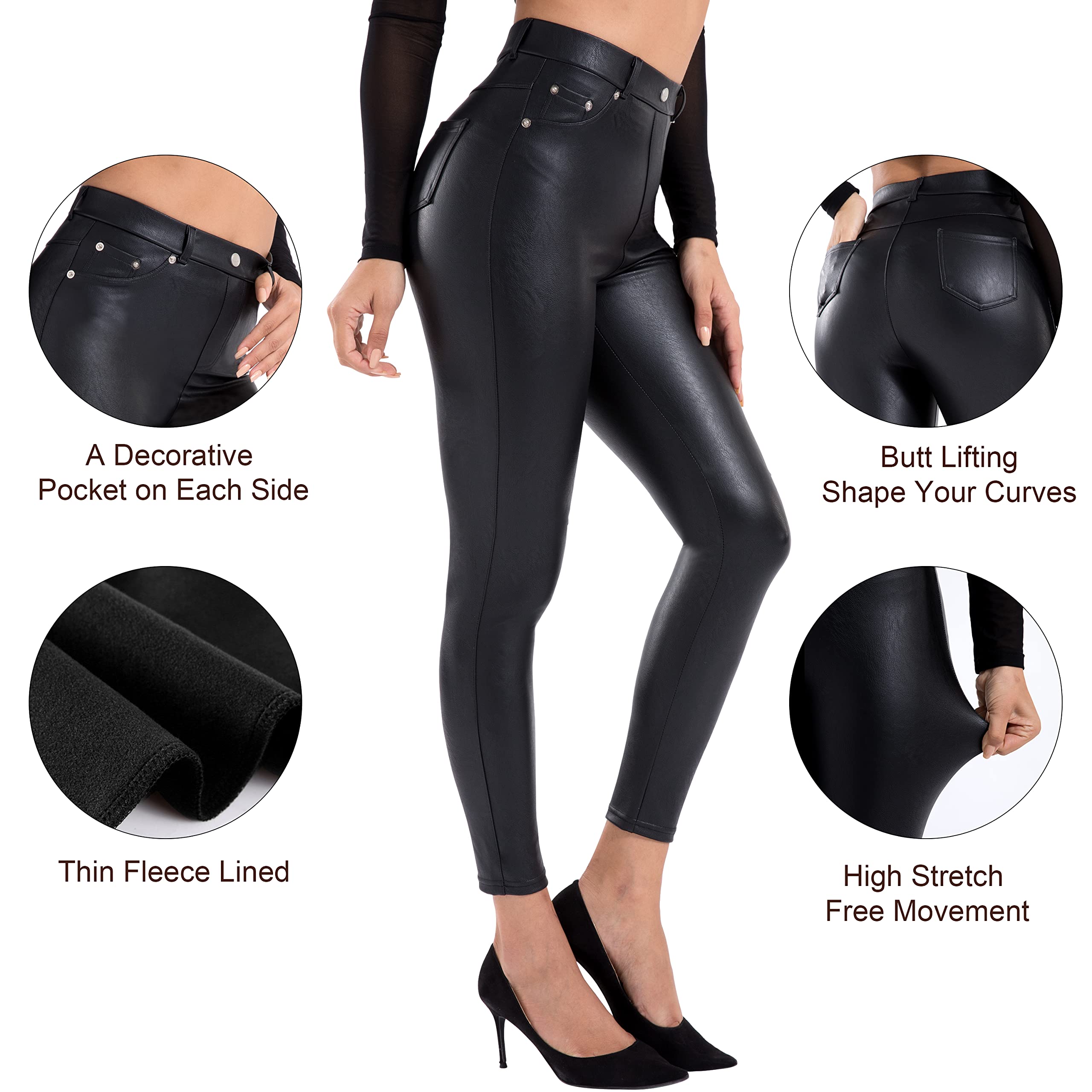 Tagoo Faux Leather Leggings for Women High Waisted Pleather Pants Black Stretch Tights with Pockets
