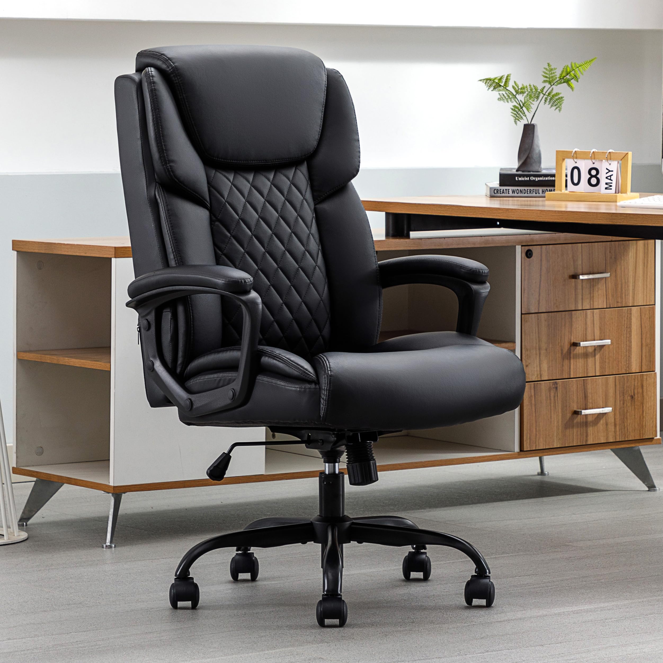 DYHOME Office Chair High Back Black Leather Executive Ergonomic Lumbar Support, Big and Tall Comfortable Home Office Computer Desk Chair Metal Base Modern Managerial Chair