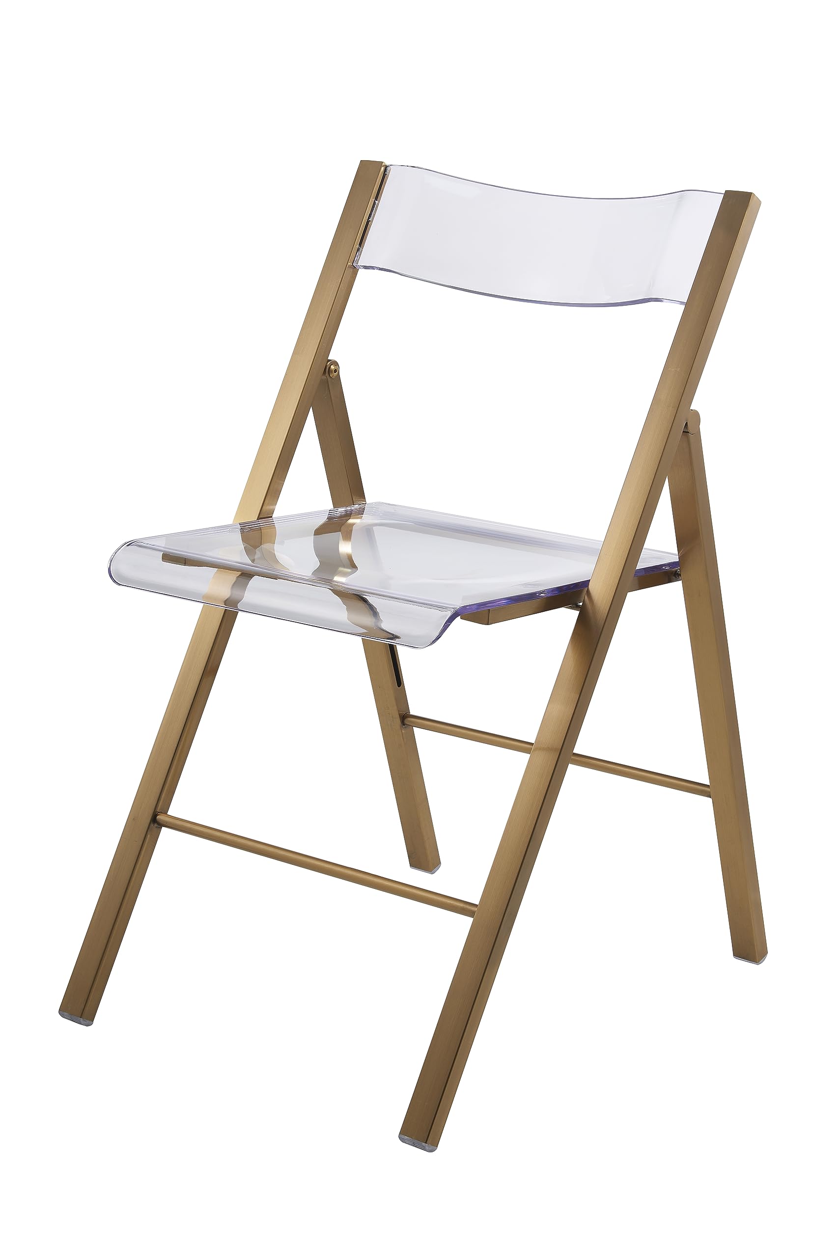 LeisureMod Transparent Acrylic Folding Chair, Lightweight Iron Chrome Base Comfortable Clear Desk Chair, No Assembly Needed (Set of 2) in Brushed Gold