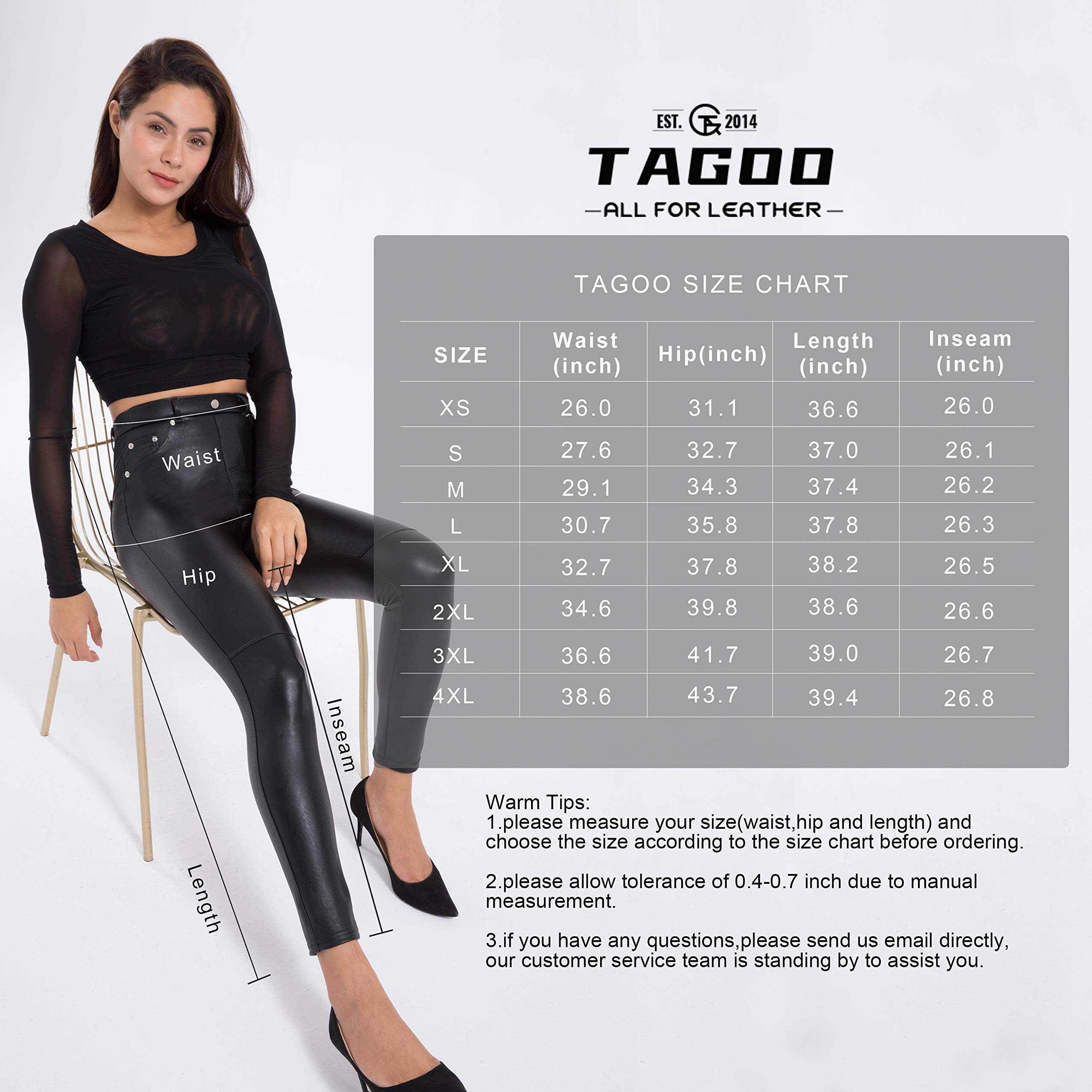Tagoo Faux Leather Leggings for Women High Waisted Pleather Pants Black Stretch Tights with Pockets