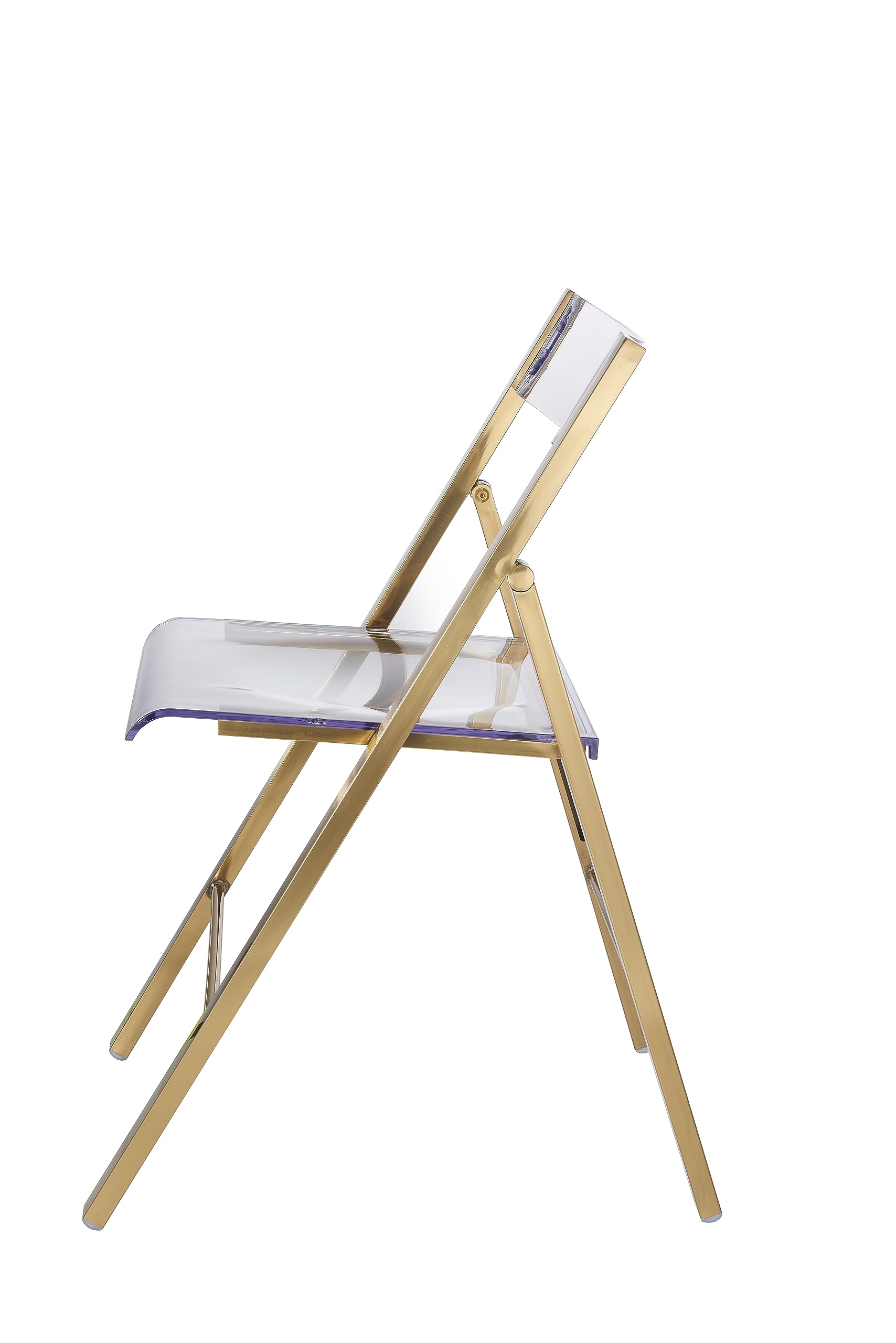 LeisureMod Transparent Acrylic Folding Chair, Lightweight Iron Chrome Base Comfortable Clear Desk Chair, No Assembly Needed (Set of 2) in Brushed Gold
