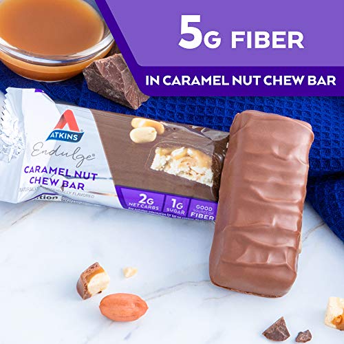 Atkins Endulge Caramel Nut Chew Bar, Dessert Favorite, 1g Sugar, Good Source of Fiber, 5 Count
