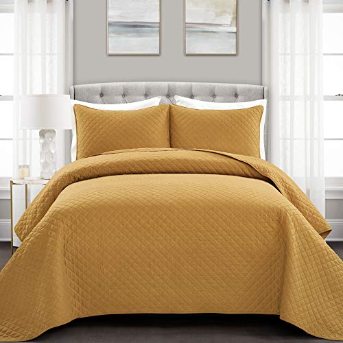 Lush Decor Ava Diamond Oversized 3 Piece Cotton Quilt Set, Mustard, King