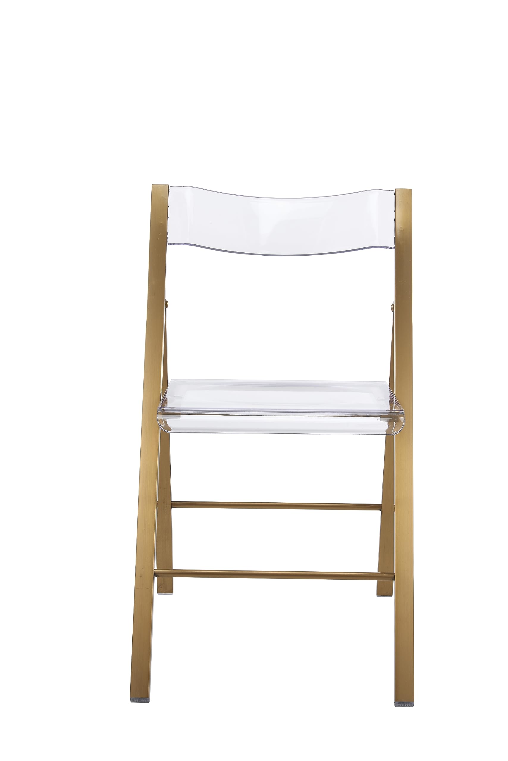 LeisureMod Transparent Acrylic Folding Chair, Lightweight Iron Chrome Base Comfortable Clear Desk Chair, No Assembly Needed (Set of 2) in Brushed Gold