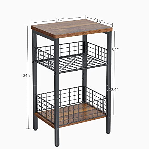 CubiCubi End Table, Small Side Table Nightstand with Storage Shelf for Living Room Bedroom, 3-Tier Sofa Table with Metal Frame, Deep Brown