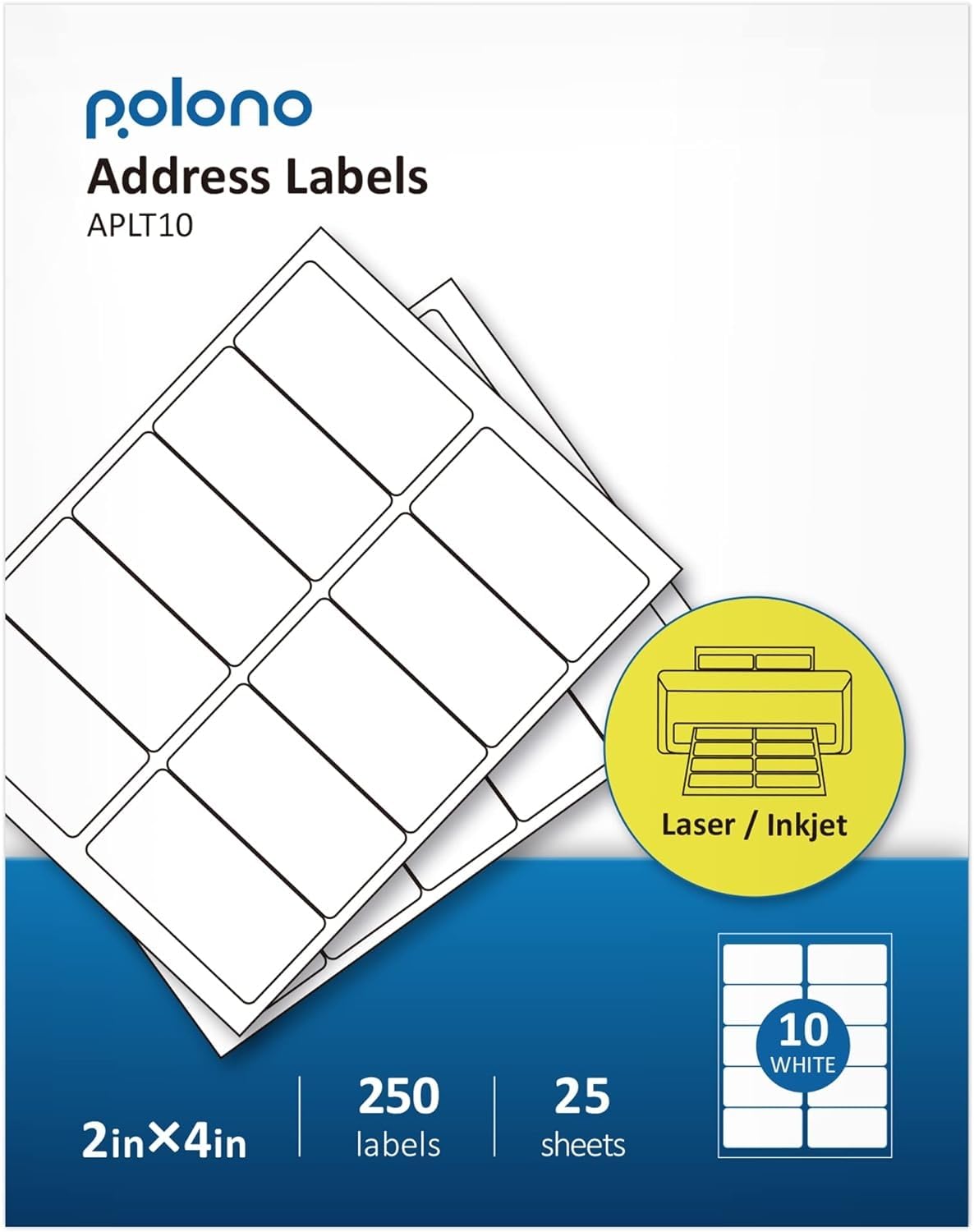 2" x 4" Shipping Address Labels Compatible with Avery 5163, 8163, POLONO Internet Mailing Shipping Labels, White Sticker Labels for Laser/Ink Jet Printers, Permanent Adhesive (250 Labels, 25 Sheets)