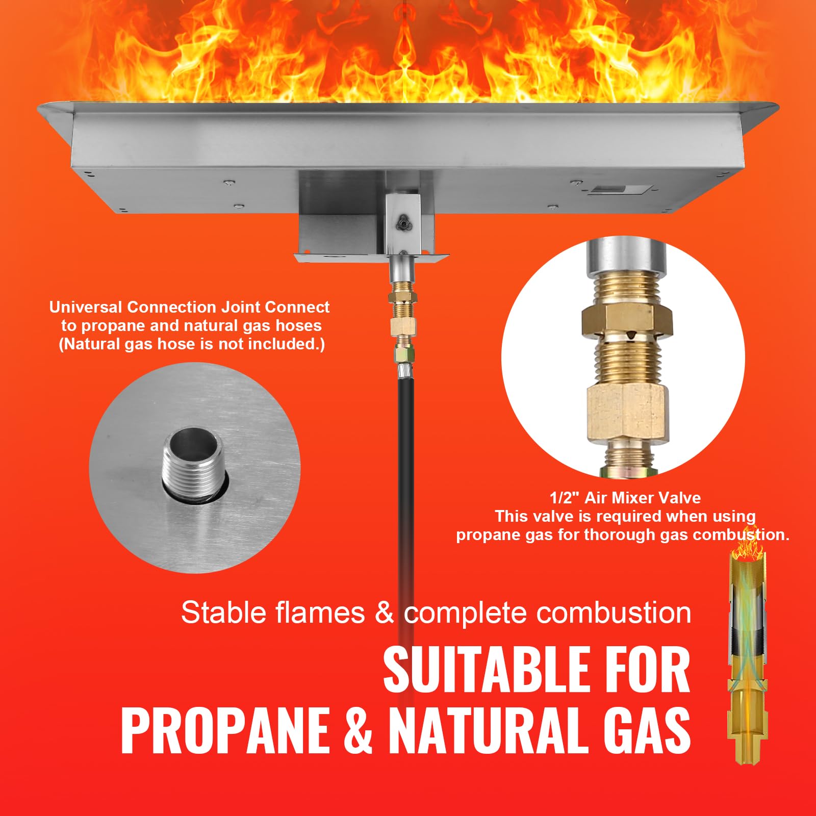 VEVOR 30 x 10 inch Drop-in Fire Pit Pan, Rectangular Stainless Steel Fire Pit Burner Kit,Propane Gas Fire Pan 125,000 BTU with H-Burner for Indoor or Outdoor Use