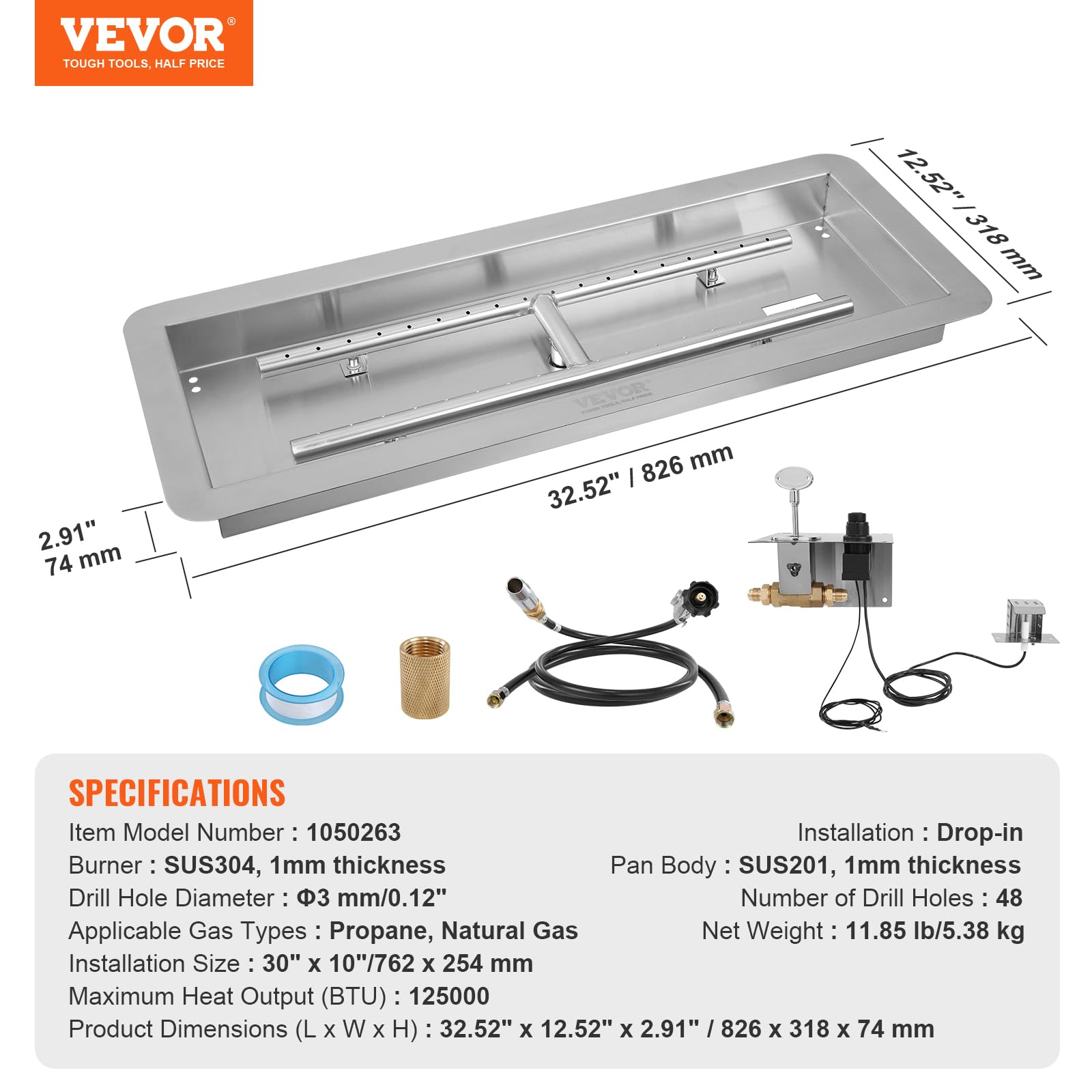 VEVOR 30 x 10 inch Drop-in Fire Pit Pan, Rectangular Stainless Steel Fire Pit Burner Kit,Propane Gas Fire Pan 125,000 BTU with H-Burner for Indoor or Outdoor Use