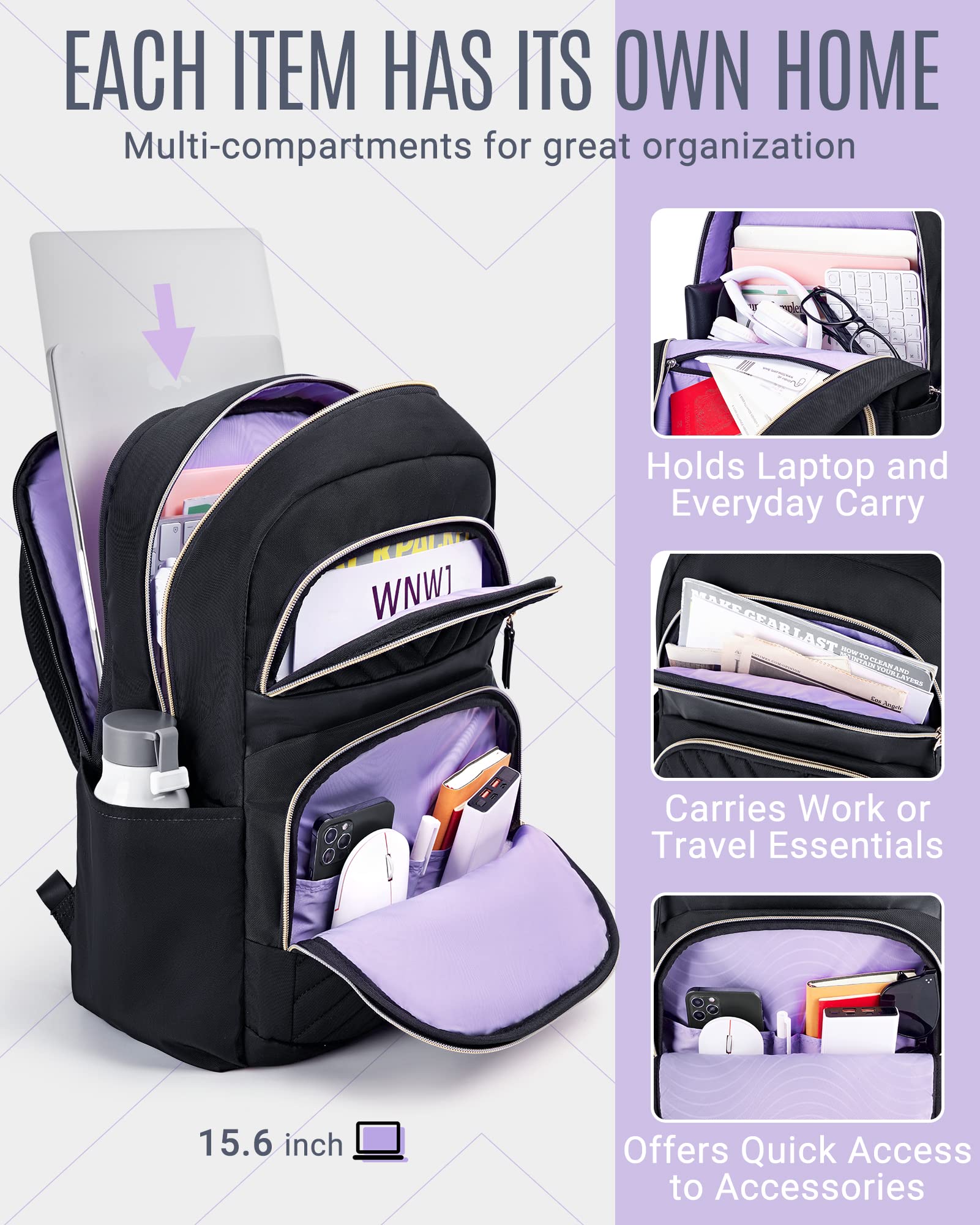 LIGHT FLIGHT Laptop Backpack for Women, Work Backpack Fits 15.6 Inch Computer Bookbags Back Pack with Charging Port Hole for Travel Work Business School College, Black