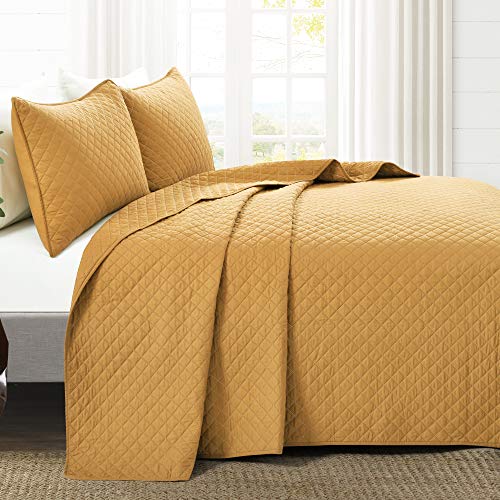 Lush Decor Ava Diamond Oversized 3 Piece Cotton Quilt Set, Mustard, King