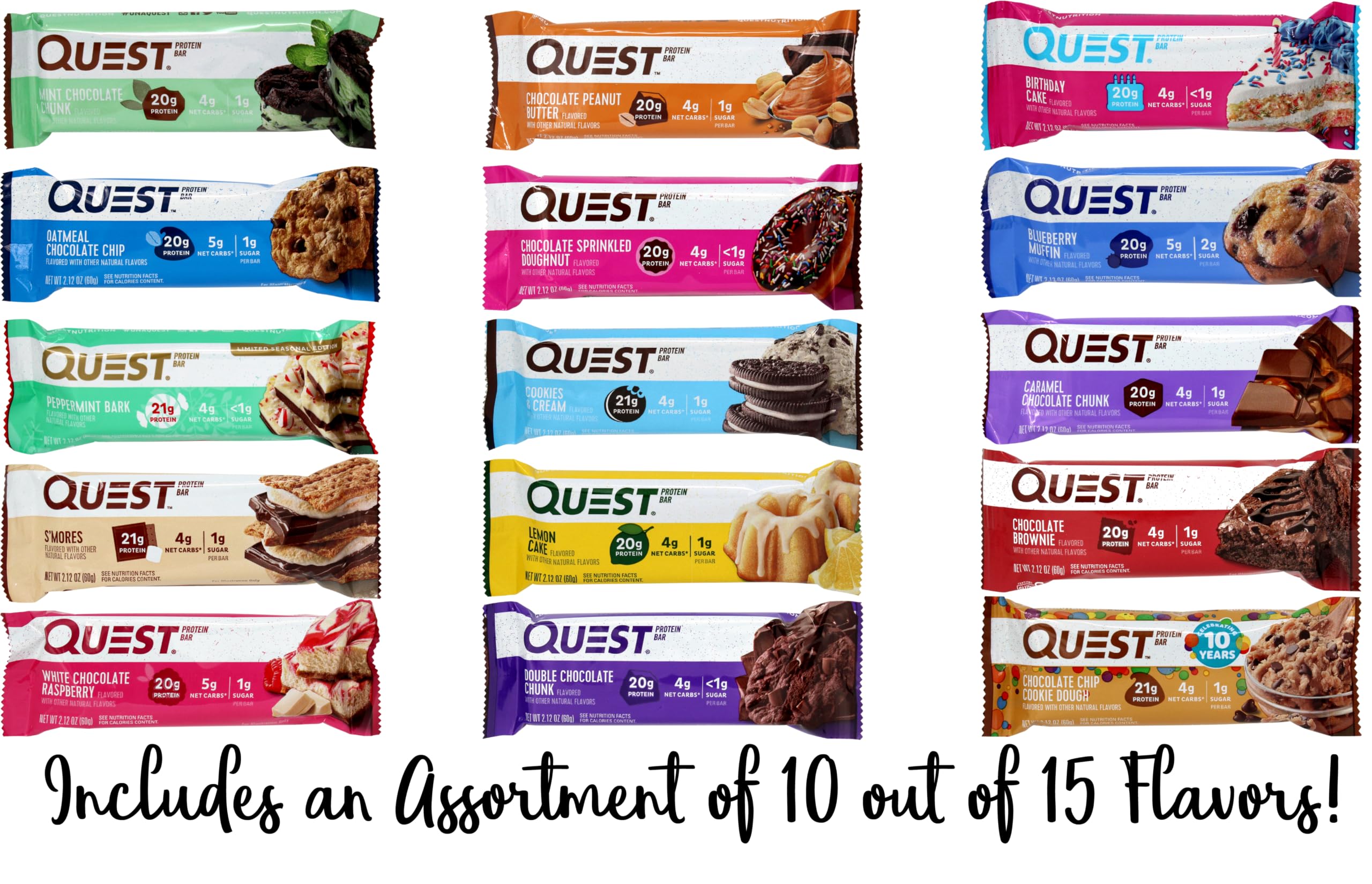 Quest Bars Protein Bars Variety Sampler | 10 Pack | 10 of 15 Flavors | High Protein Snack | 20g of Protein Per Bar And Only 1g Of Sugar | Niro Assortment, 10.0 Count, 1