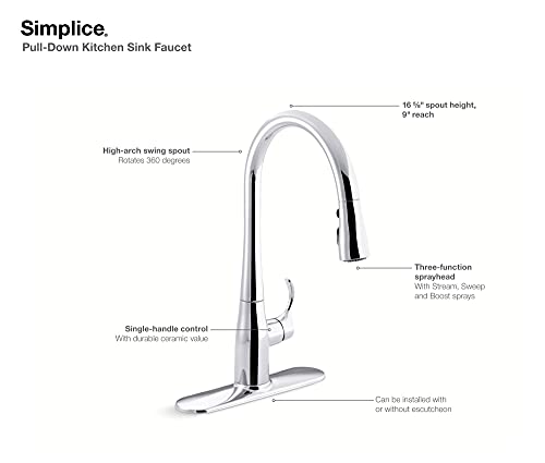 KOHLER 596-VS Simplice Pull Down Kitchen Faucet, High Arch, Vibrant Stainless