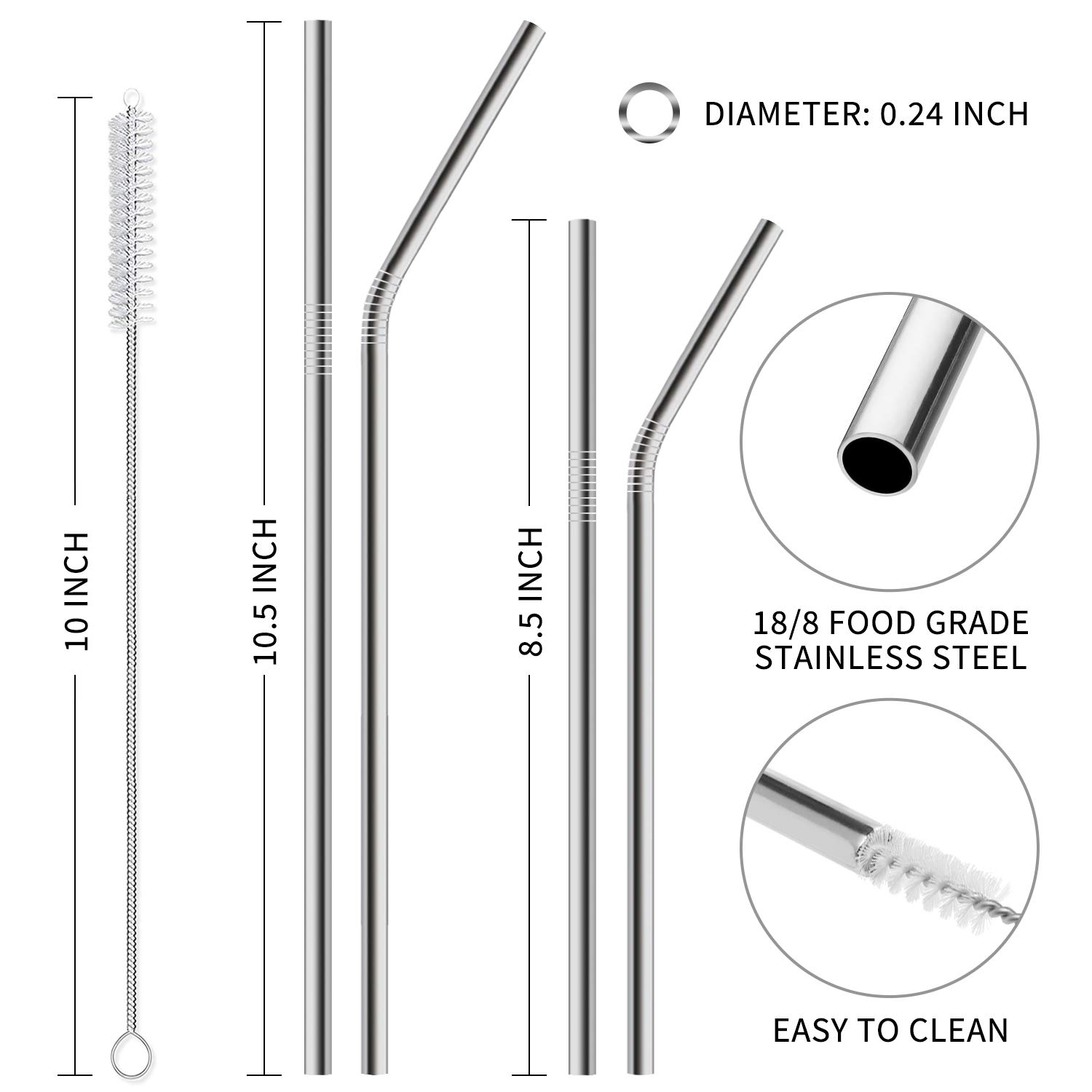 Hiware 12-Pack Reusable Stainless Steel Metal Straws with Case - Long Drinking Straws for 30 oz and 20 oz Tumblers Yeti Dishwasher Safe - 2 Cleaning Brushes Included