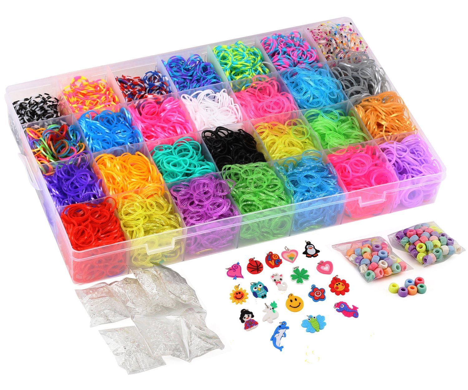 DasKid 12100+ Rubber Bands Refill Loom Set 11,000+ Loom Bands 42 Colors 600 Clips 200 Beads + 52 ABC Beads 30 Charms 10 Backpack Hooks 10 Tassels 5 Crochet Hooks 5 Hair Clips +ABC & Number Stickers