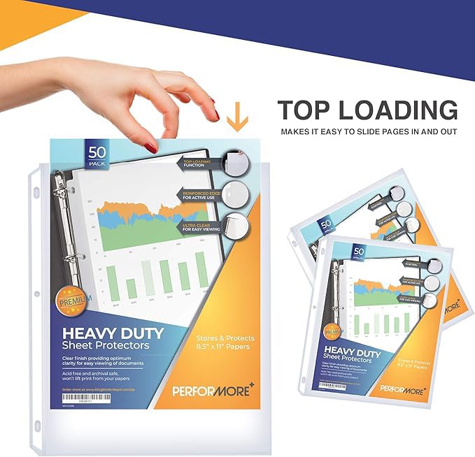 50 Sheet Protectors, Heavy Duty 8.5 X 11 Inch Clear Page Protectors for 3 Ring Binder, Plastic Sheet Sleeves, Durable Top Loading Paper Protector with Reinforced Holes, Archival Safe