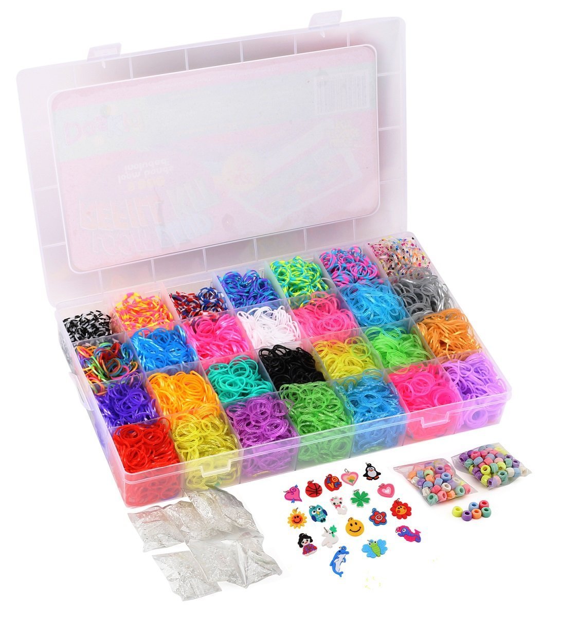 DasKid 12100+ Rubber Bands Refill Loom Set 11,000+ Loom Bands 42 Colors 600 Clips 200 Beads + 52 ABC Beads 30 Charms 10 Backpack Hooks 10 Tassels 5 Crochet Hooks 5 Hair Clips +ABC & Number Stickers